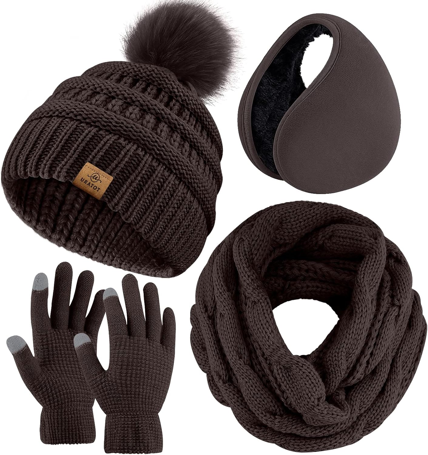 4-piece set Winter Warm Sets Knitted Scarf Touch Screen Gloves Beanie ...