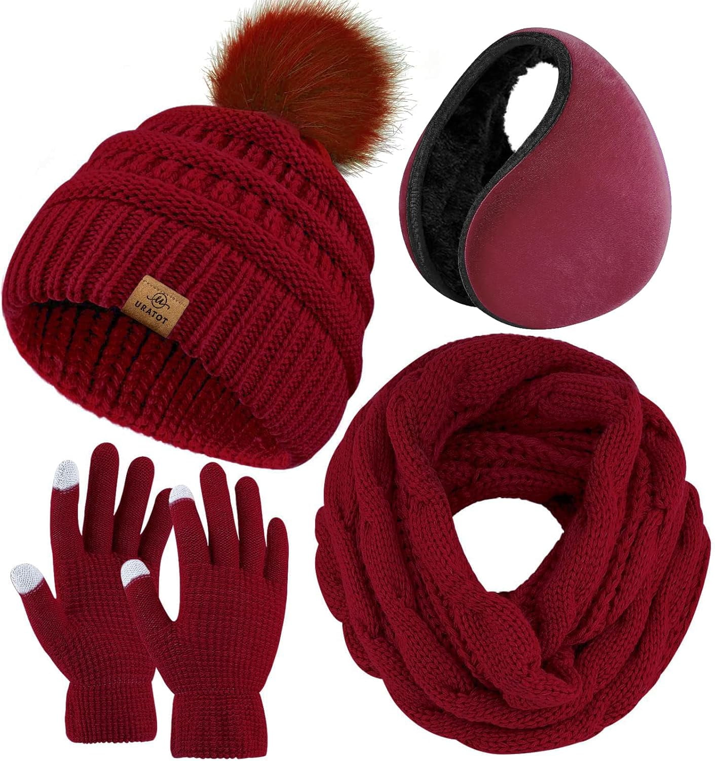4-piece set Winter Warm Sets Knitted Scarf Touch Screen Gloves Beanie ...
