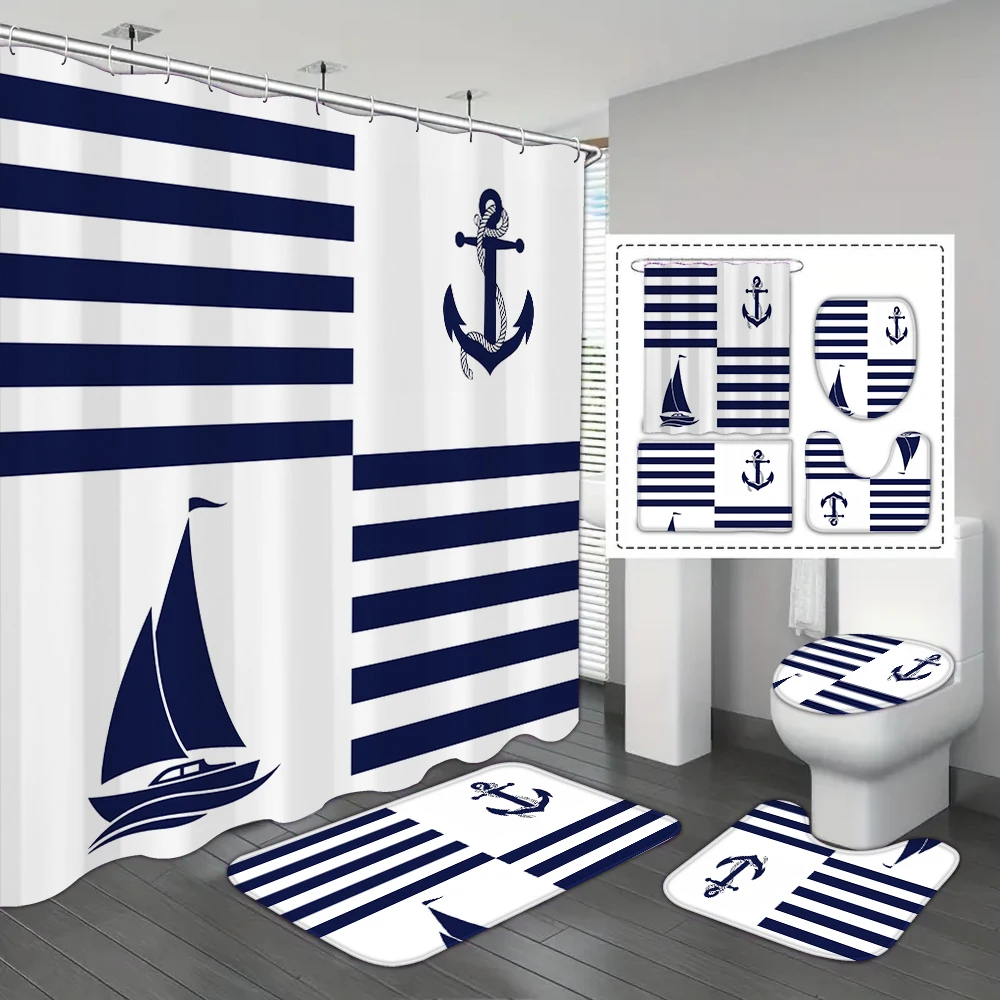 4-piece set of sailboat rudder ocean print 12 hook waterproof shower ...