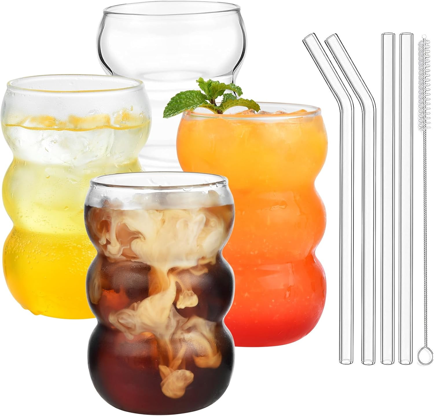 4-piece set of ribbed glass cups with straws, aesthetic iced coffee ...