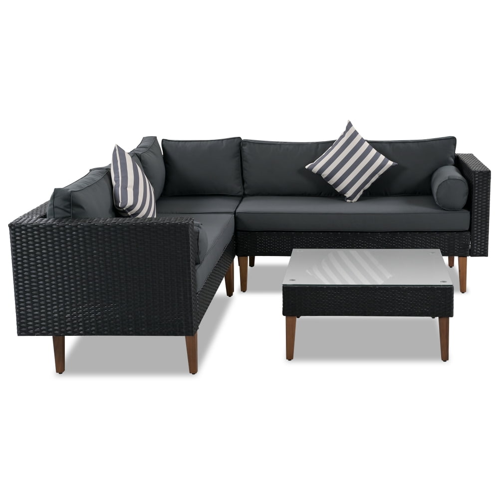 4-pieces Outdoor Sectional Sofa Set, Modern Patio Wicker Sofa and Table ...