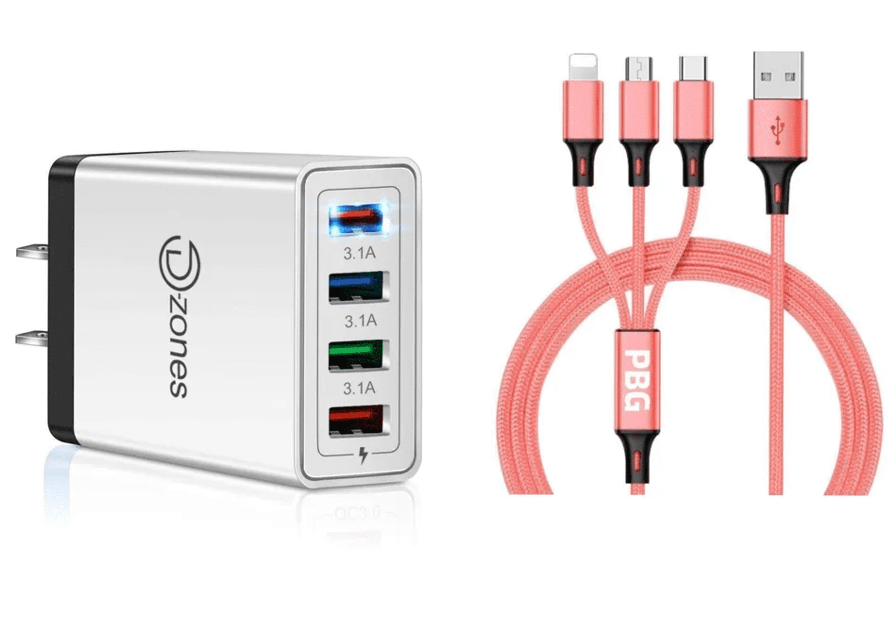 4 port High Speed Wall Charger + 3 in 1 Cable Combo[ Pink ] - Walmart.com