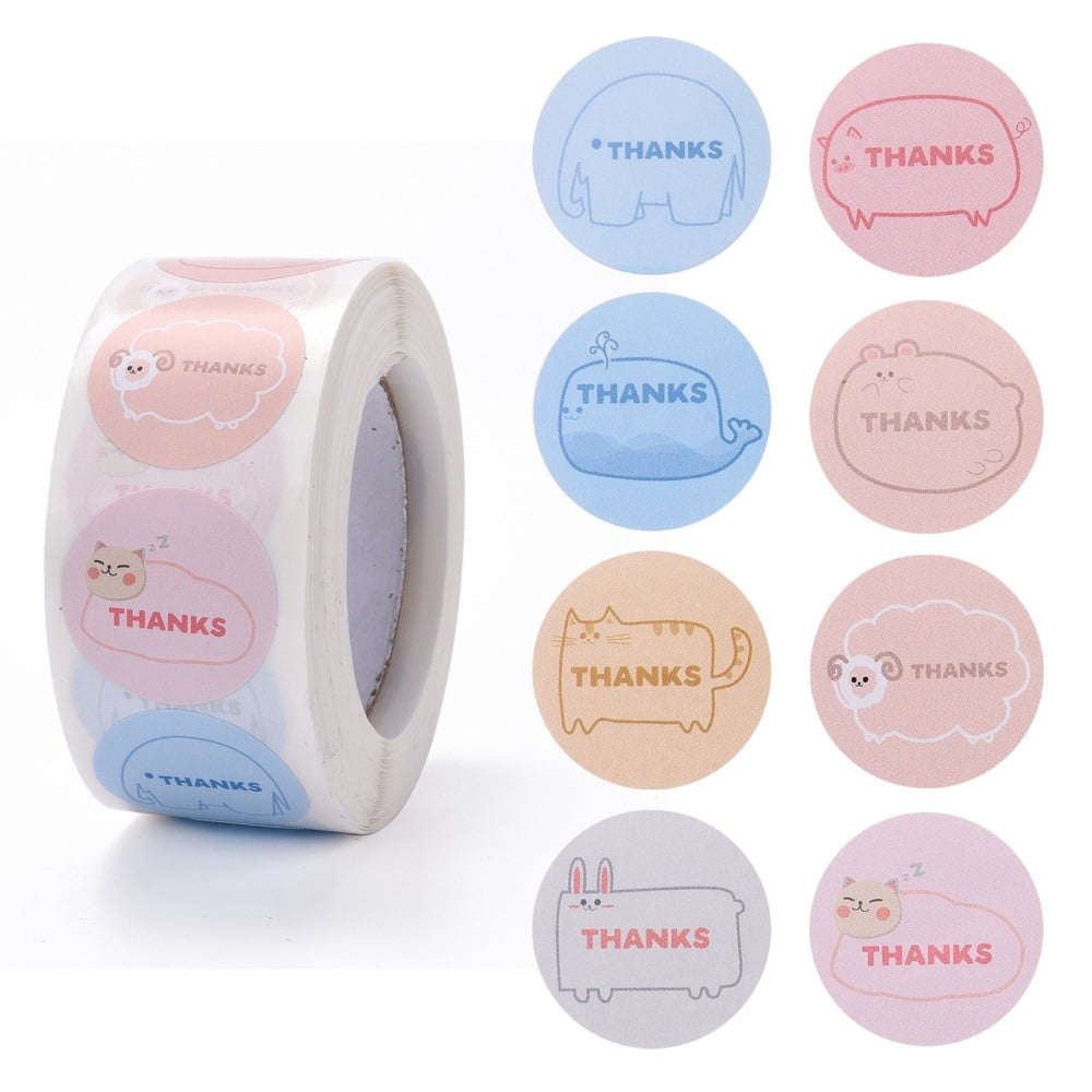 4 roll Flat Round Paper Thank You Stickers Cartoon Animal Pattern with ...