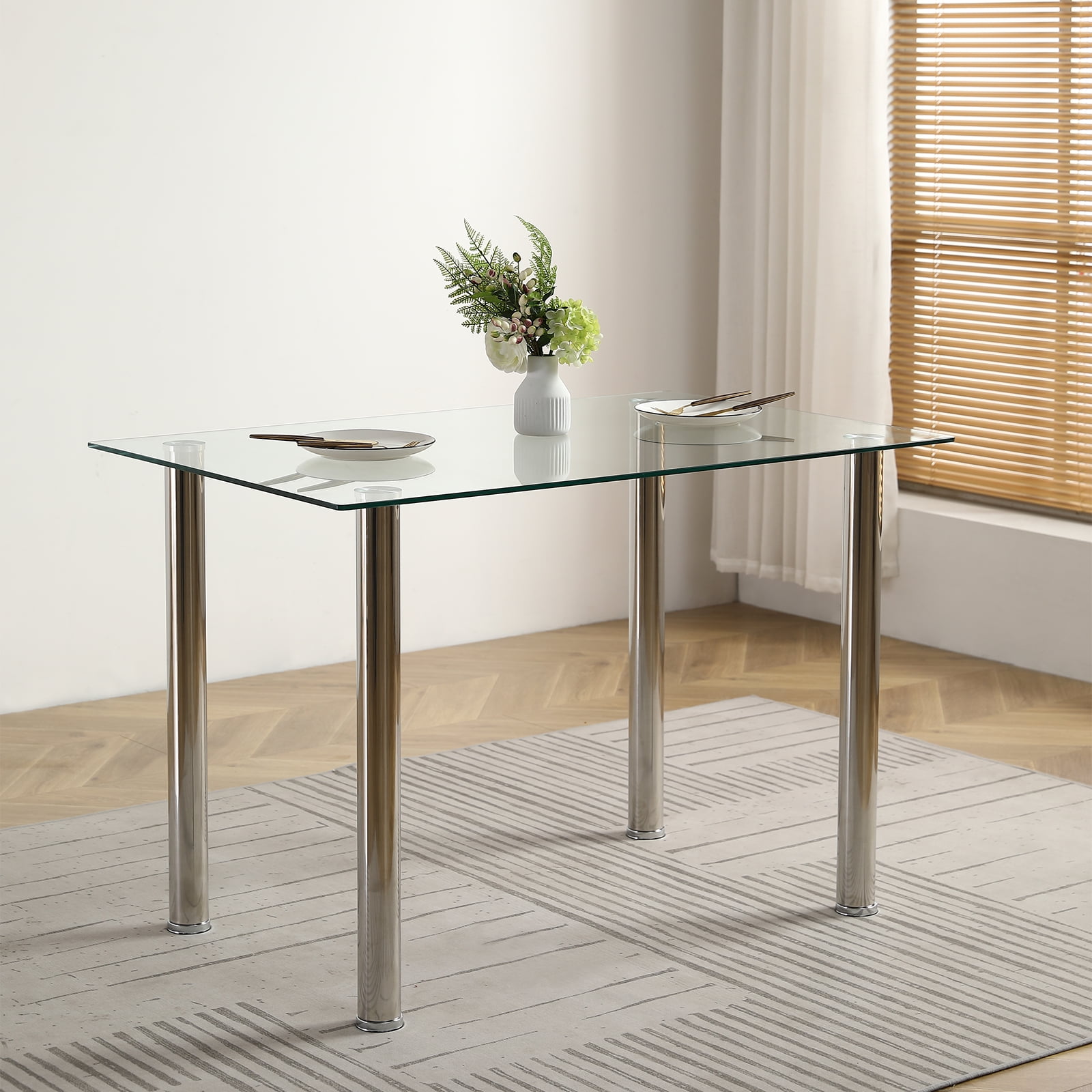 4-seat simple rectangular cylindrical leg table tempered glass ...