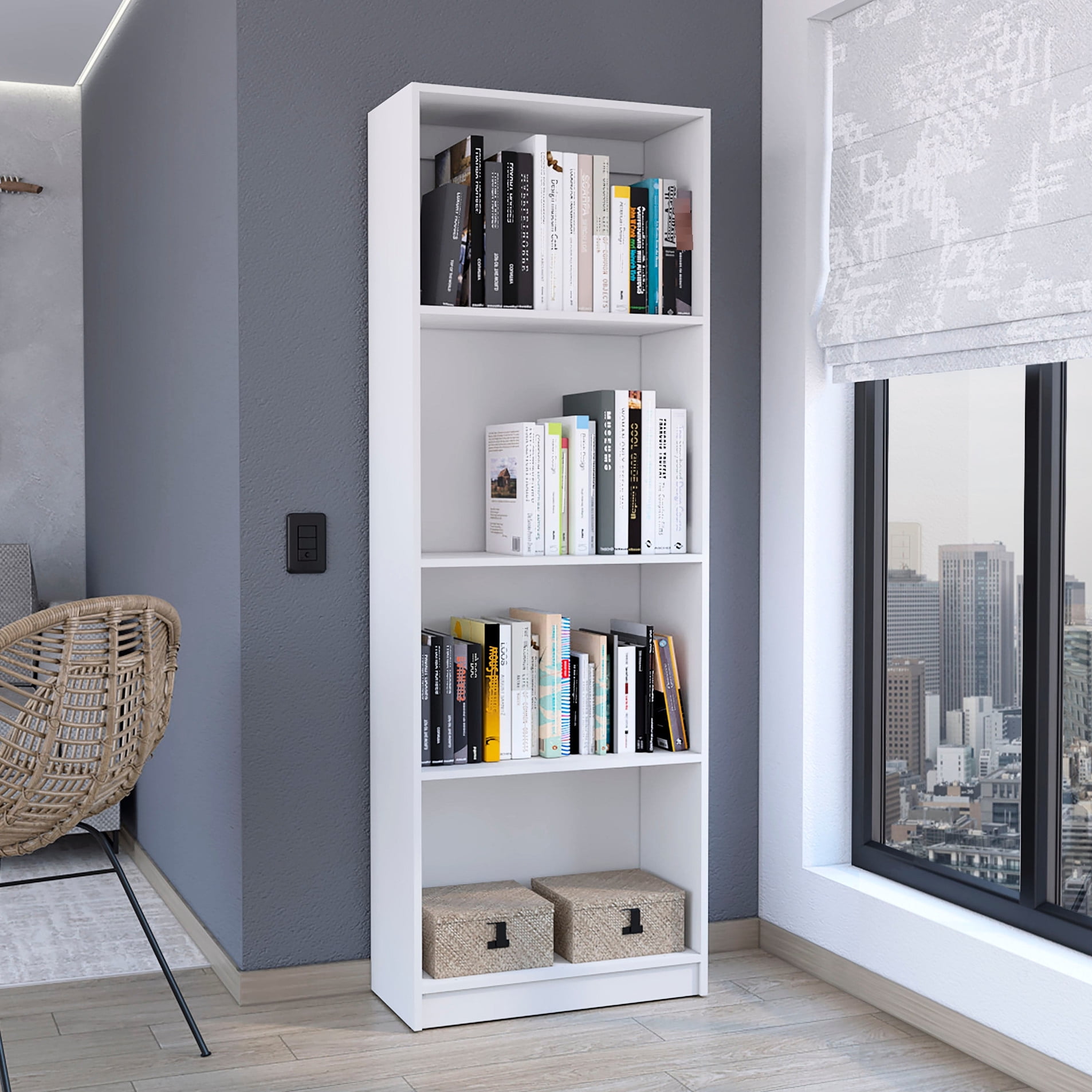 4-shelf Office Bookcase, White Hue, Particle Board Crafted Bookcase In ...