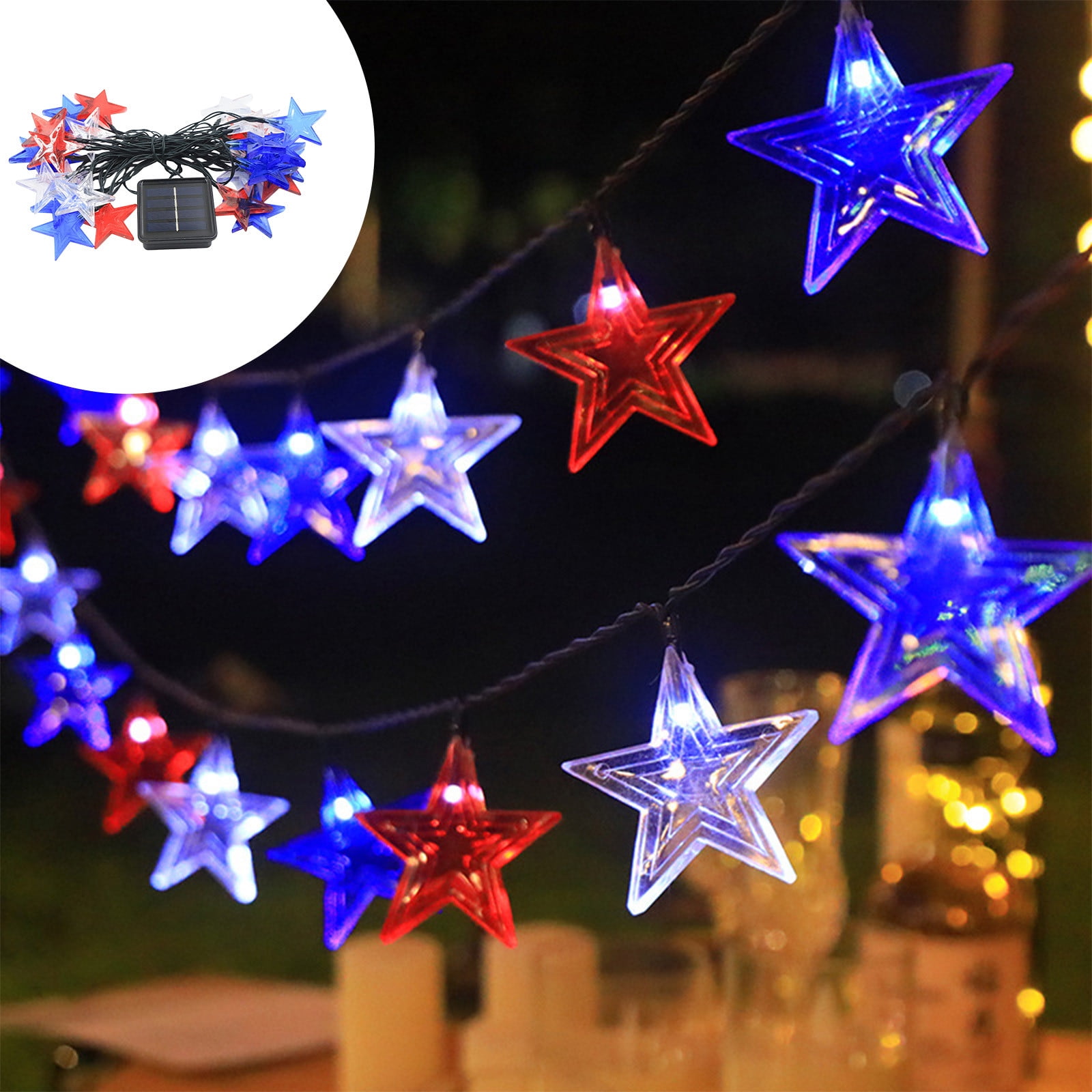 4 th of July Five-Pointed Stars String Lights Solar Power 21FT 30 LED ...