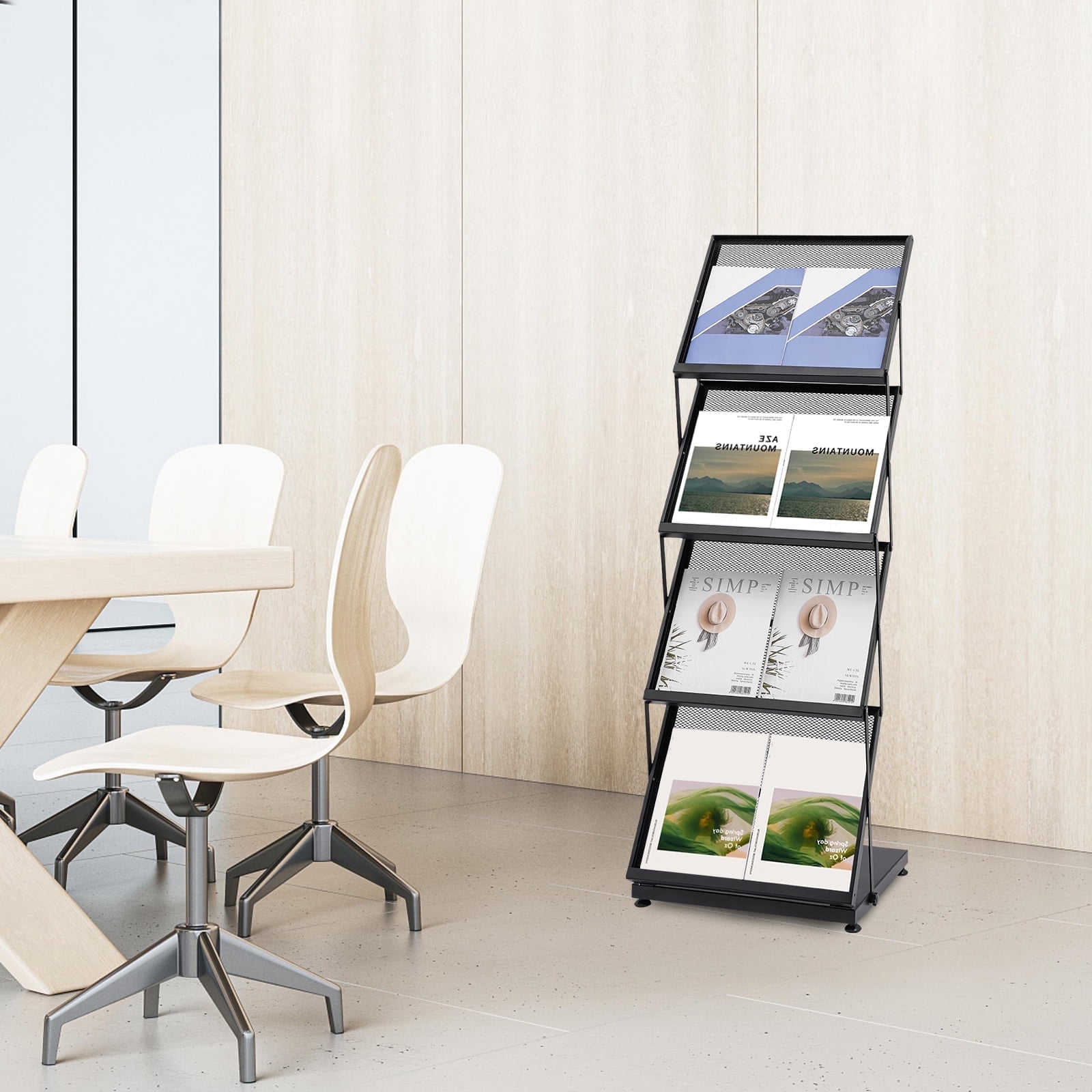 4-Tier Foldable Magazine Rack Modern Black Brochure Display Rack ...