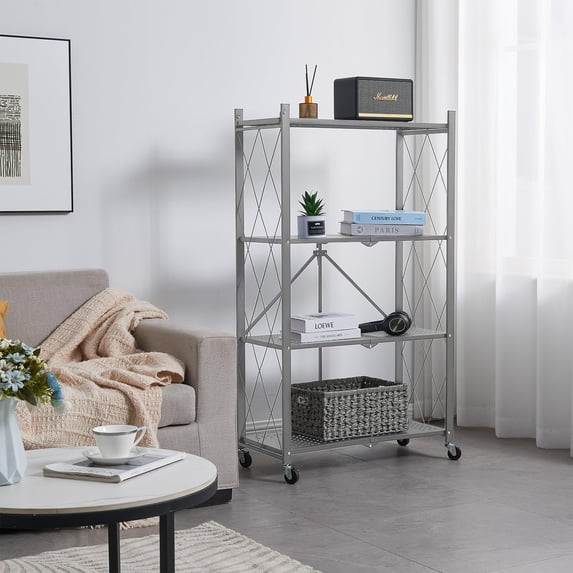 4-tier Foldable Storage Shelves With Wheels Folding Metal Rack Shelving ...