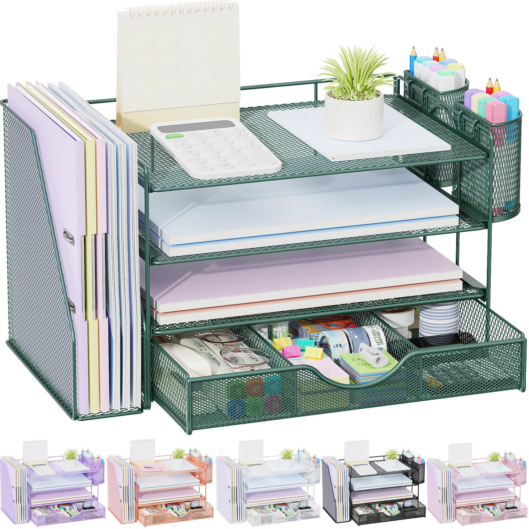 4-tier Green Desktop Organizer with Drawers, File Holders, Letter Trays ...