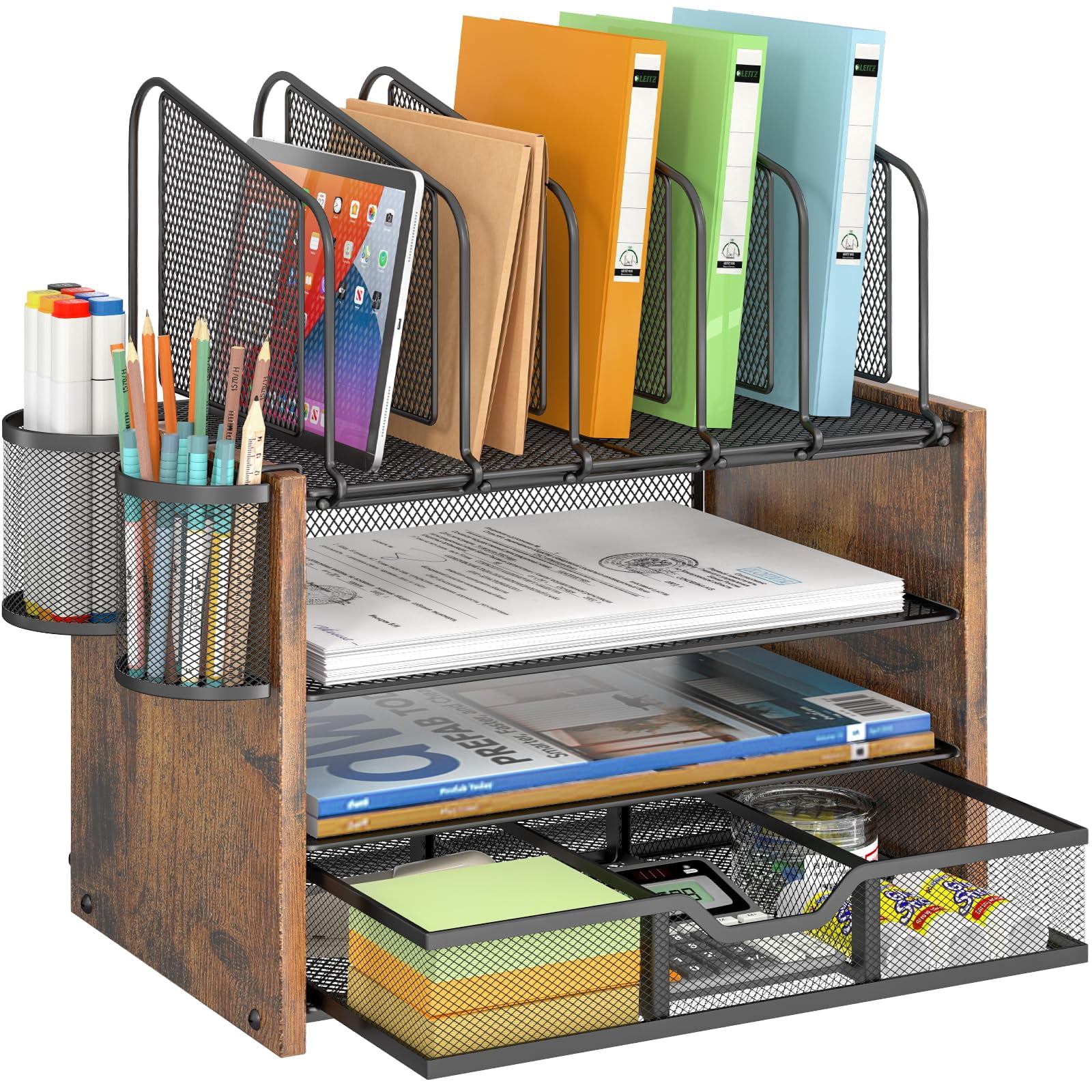 4-tier Mesh Desk Organizer Wooden File With 5 Vertical Holders And 2 ...