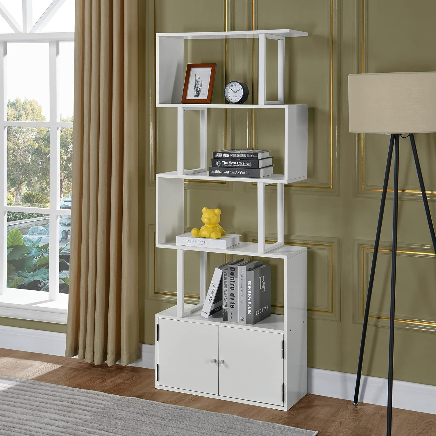 4-tire Bookshelf with Large Drawer, S-Design Corner Bookcase, Storage ...