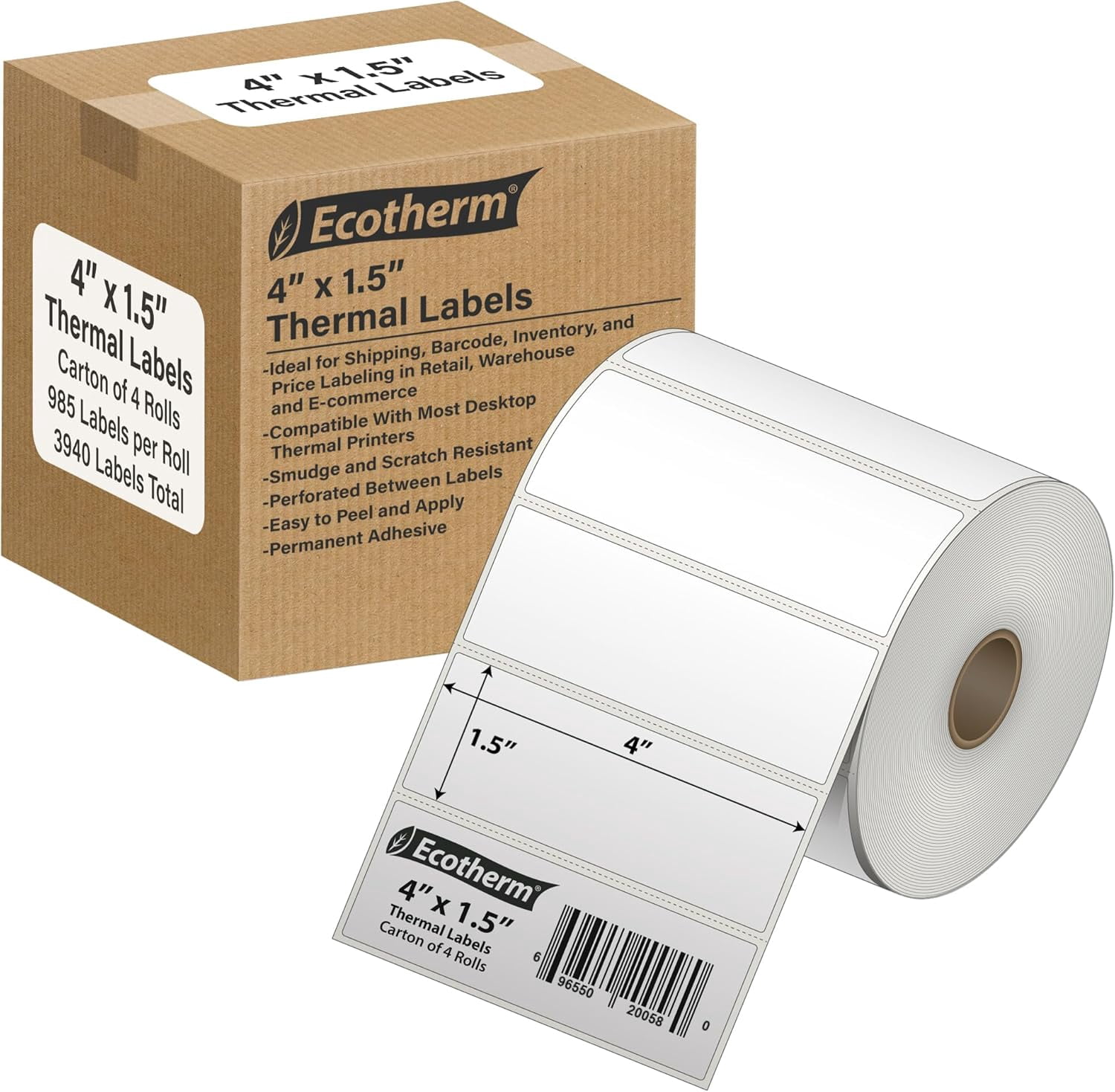 4" x 1.5" Thermal Labels | 4 Rolls | 3940 Labels | fits Zebra, Munbyn ...