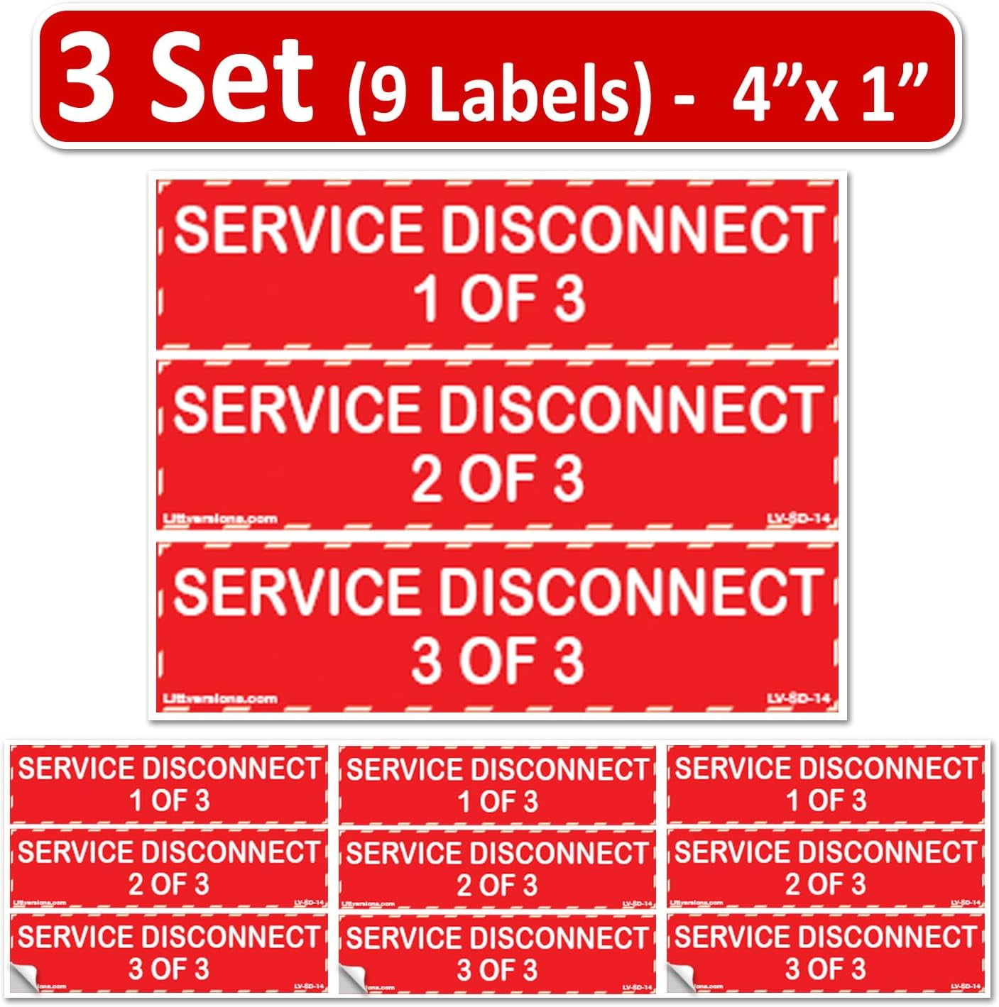4" x 1" Three Service Disconnect 1/2 2/3 of 3 Label Emergency Sign ...