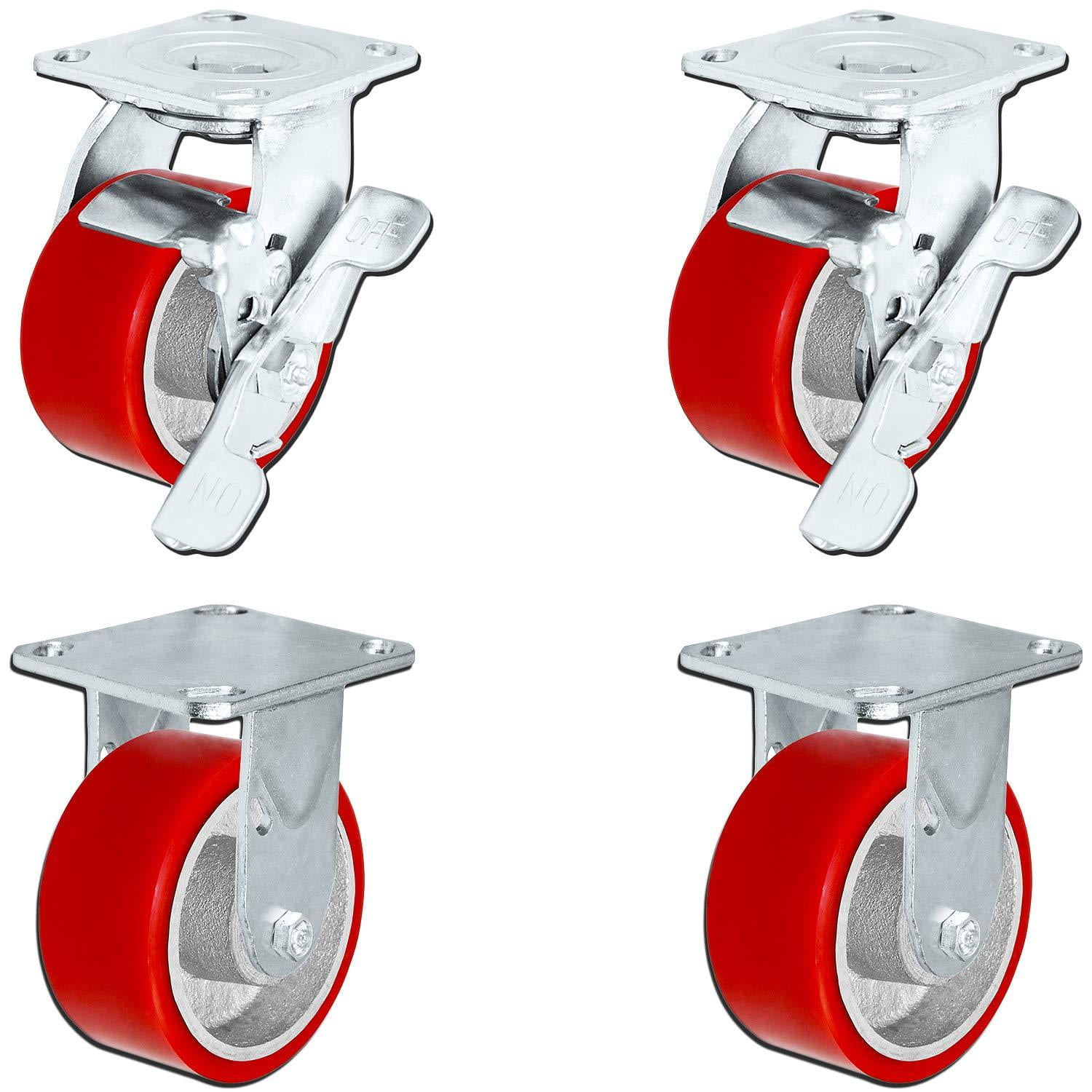 4" x 2" Heavy Duty Caster Set with Red Polyurethane on Steel Wheels ...
