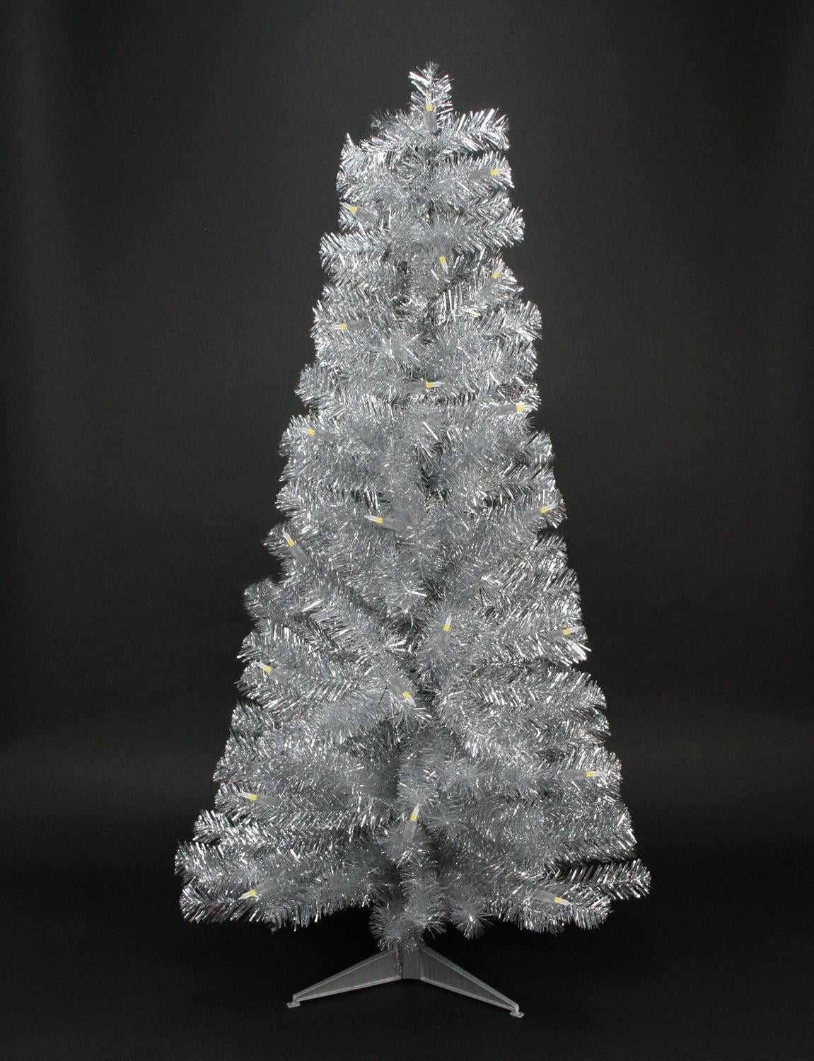 4' x 29" Pre-Lit Slim Silver Artificial Tinsel Christmas Tree- Clear ...