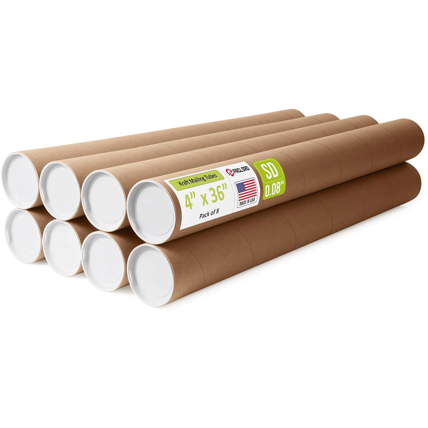 4" x 36" Reinforced Kraft Paper Mailing Tubes, Pack of 8 Tubes with 2 ...