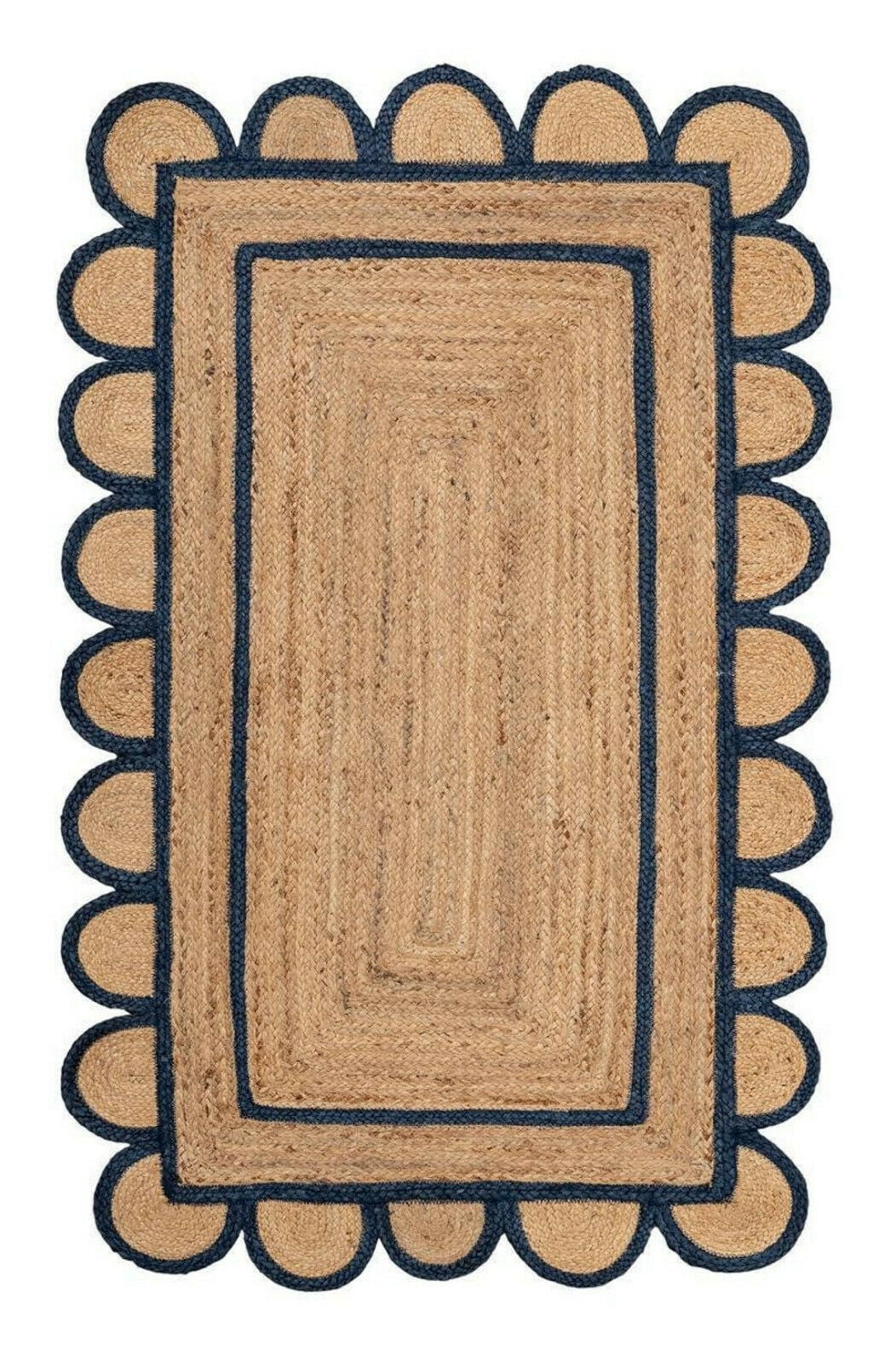 4 x 4 Feet Square ( 120 cm x 120 cm ) Natural Jute with Blue Scalloped ...