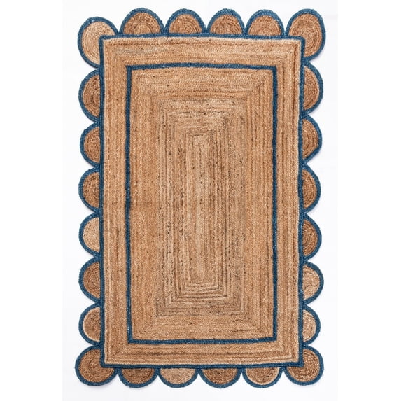 4 x 4 Feet Square ( 120 cm x 120 cm ) Natural Jute with Blue Scalloped ...