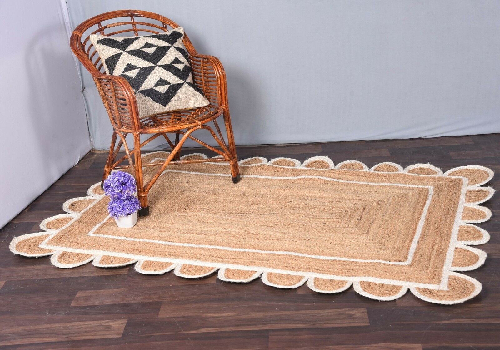 4 x 4 Feet Square ( 120 cm x 120 cm ) Natural Jute with White Scalloped ...