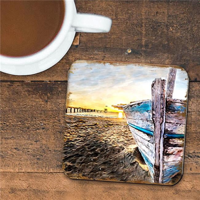 4 x 4 in. Beach Boat Coastal Wooden Cork Coasters Gift - Set of 4 ...