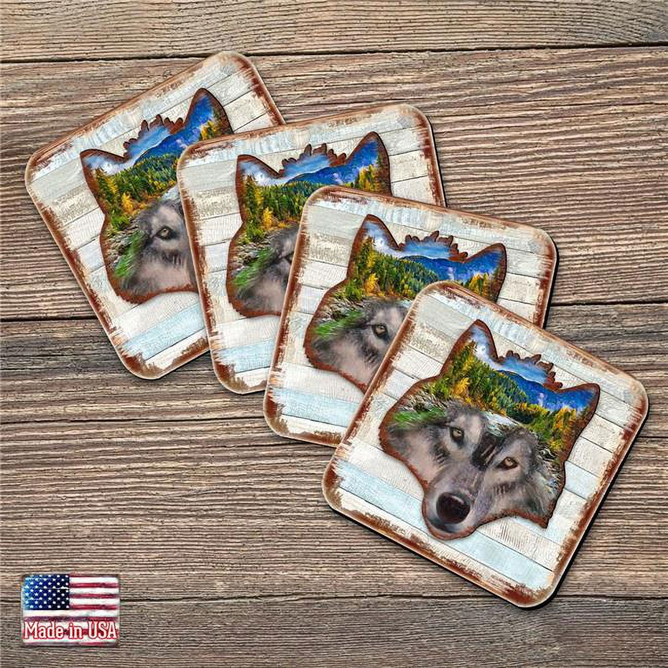 4 x 4 in. Wolf Face Wooden Cork Coasters Gift - Set of 4 - Walmart.com