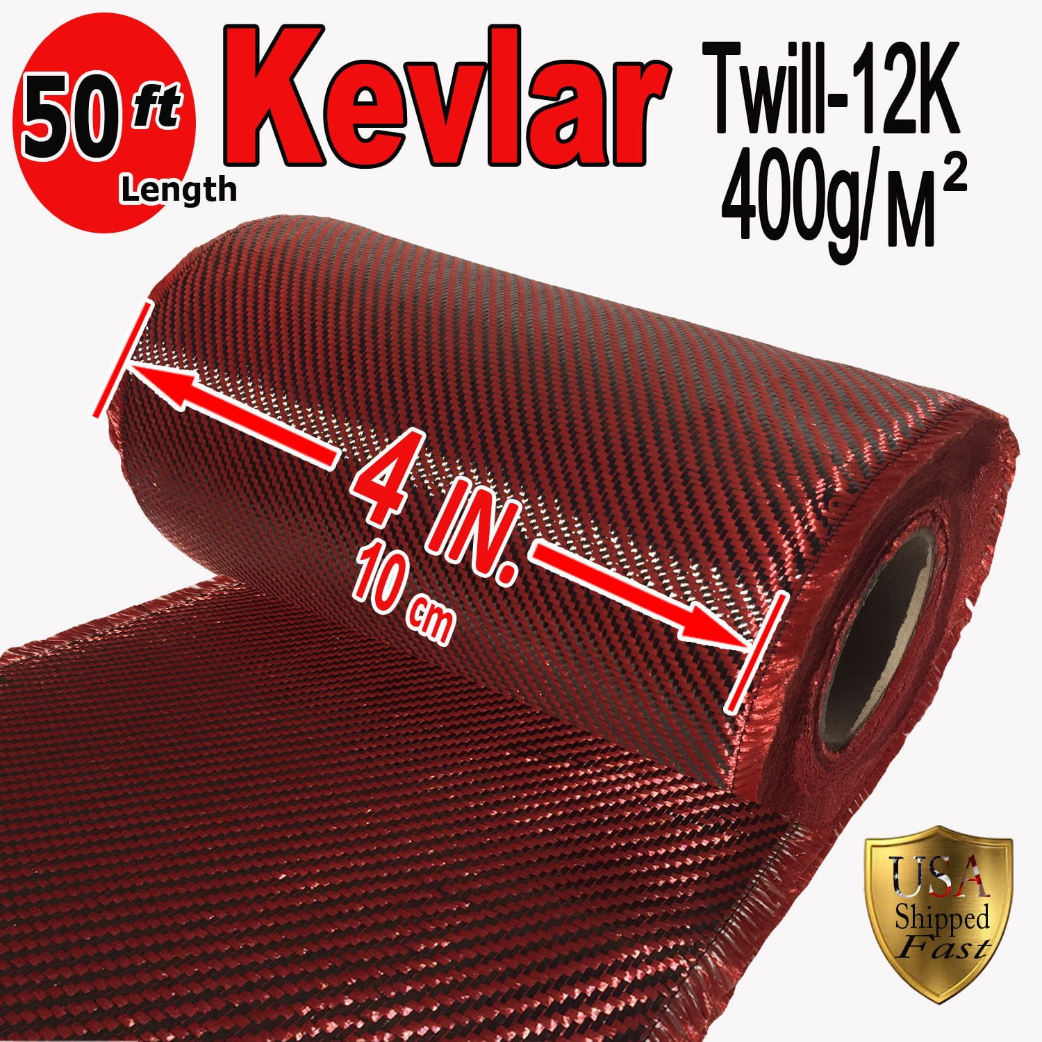 4" x 50 FT Red - KEVLAR FABRIC-2x2 TWILL WEAVE-3K/220g - Walmart.com
