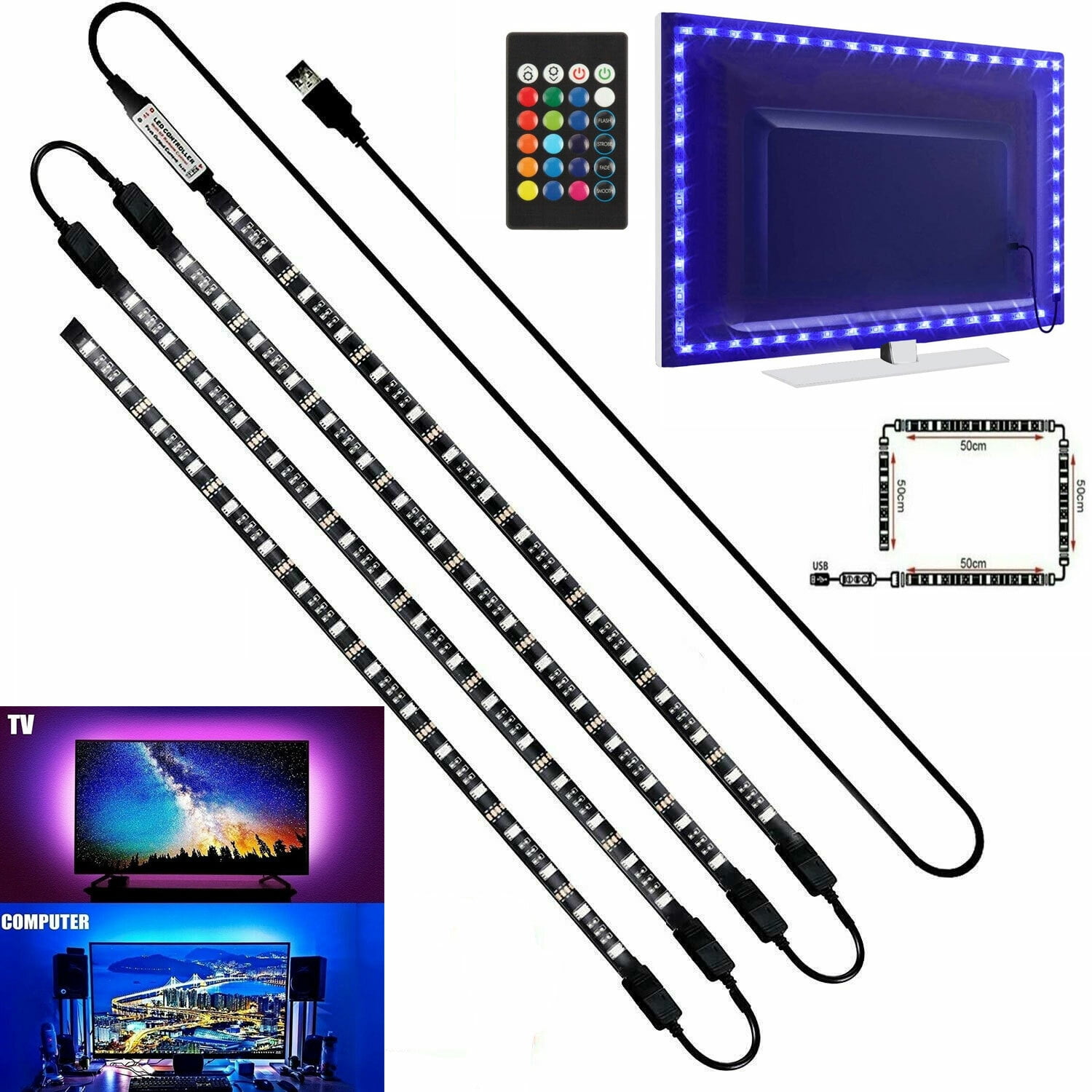 4 x 50CM TV LED Backlight USB 5050 RGB LED Strip Light Remote Kit 5V ...