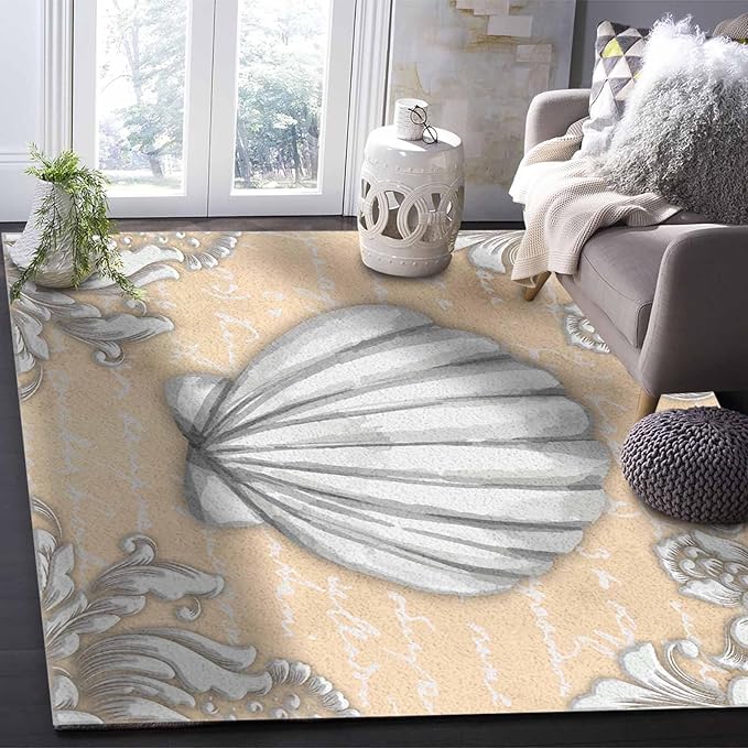 4 x 5ft Rectangular Area Rug For Living Room, Bedroom, Coastal Shell ...