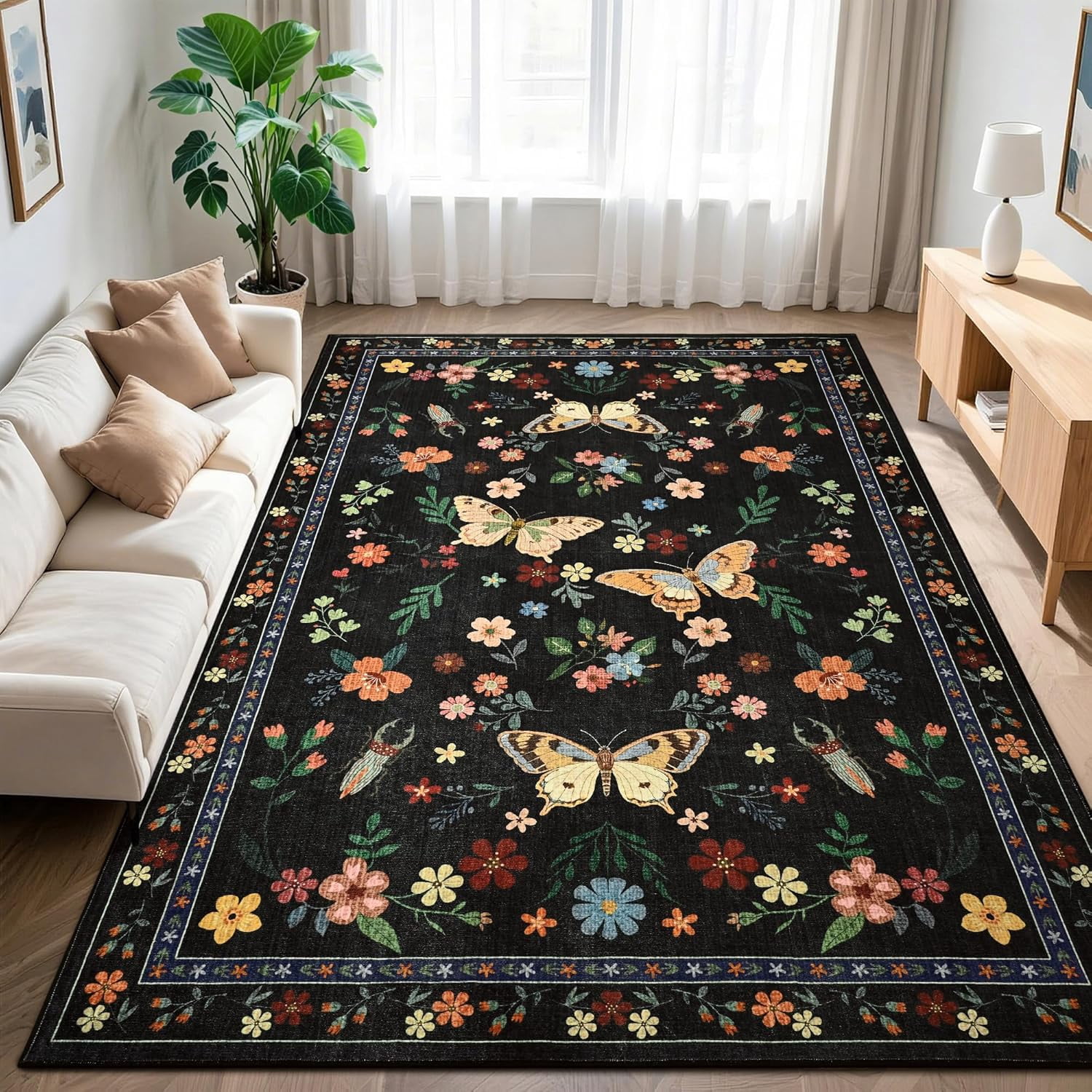 4' x 6' Butterfly Floral Insect Print Rug, Soft Ultra-Thin Non-Slip ...