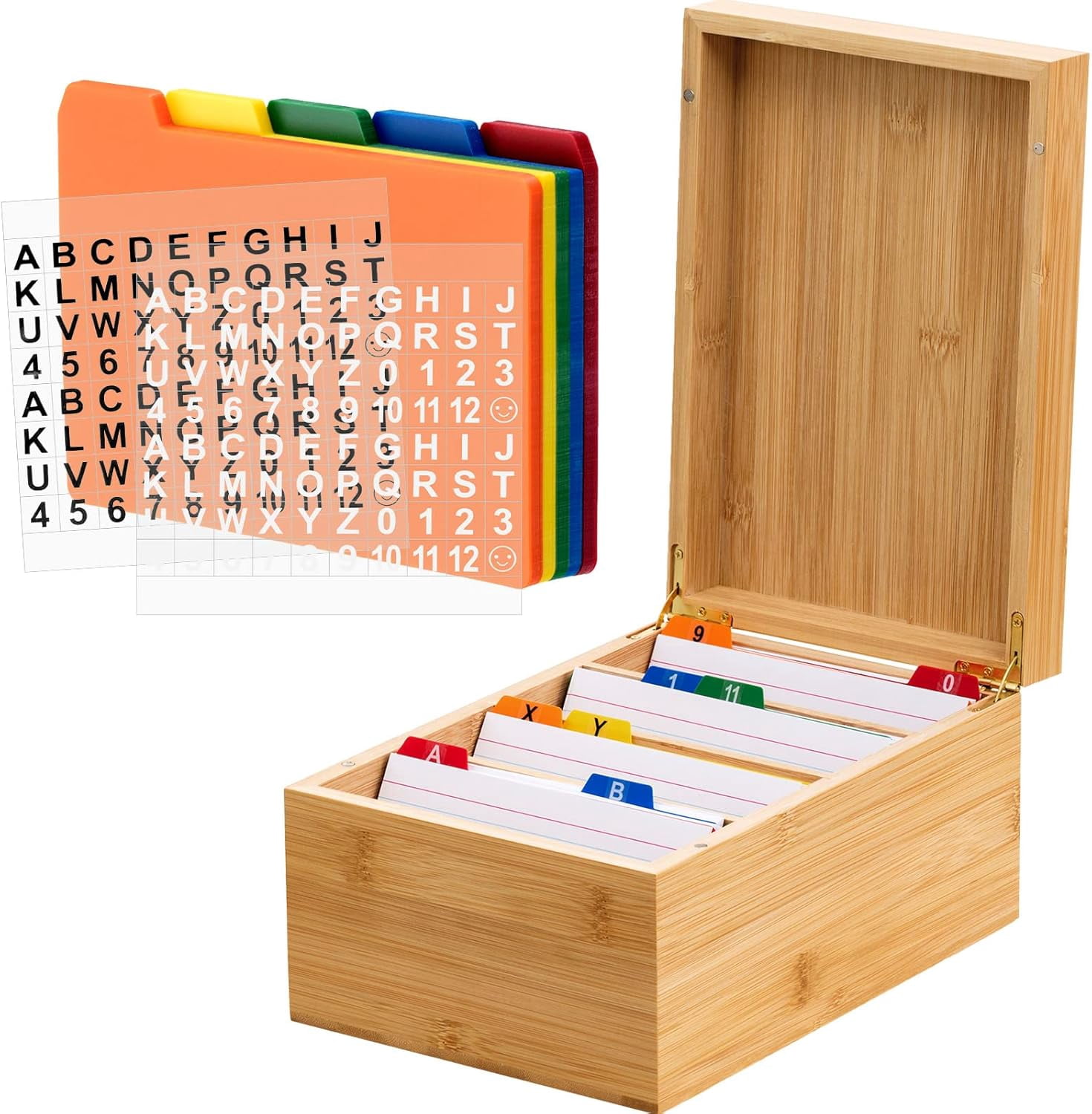 4 x 6 Inch Index Card Holder Set, Bamboo Organizer Box with 50 Dividers ...