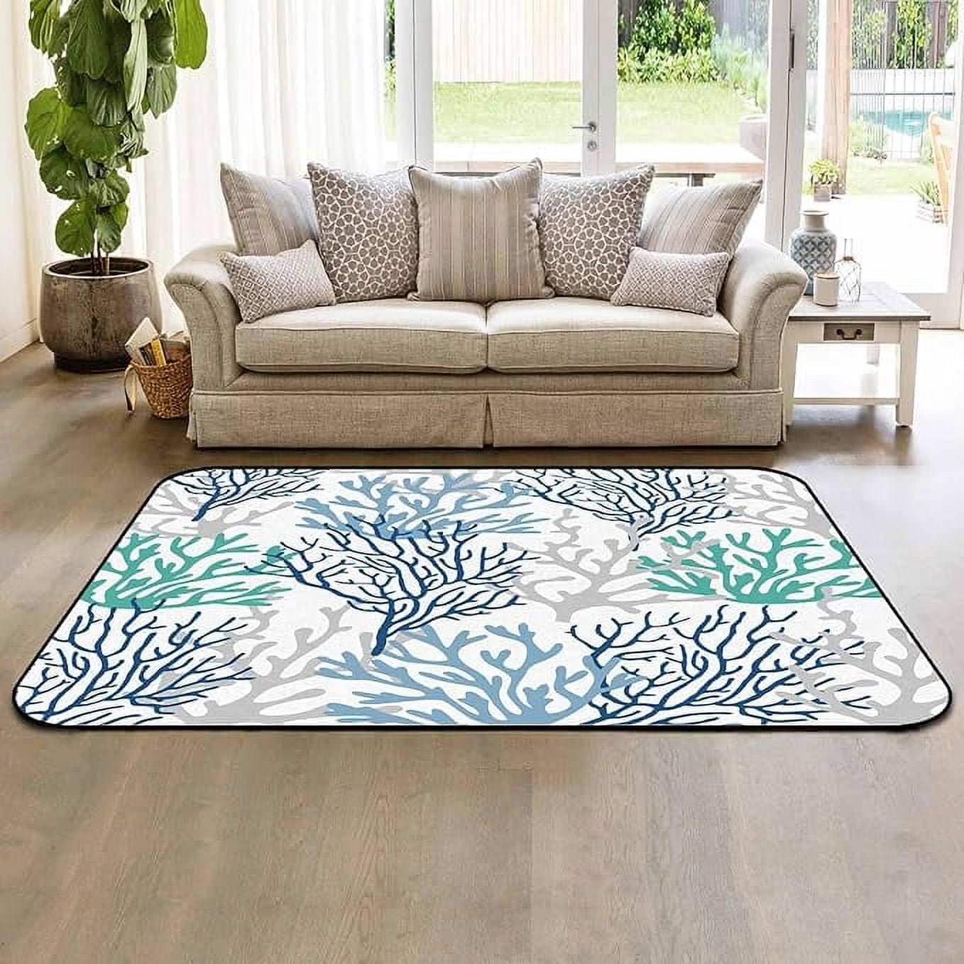 4 x 6ft Blue Teal Grey Coral Coastal Area Rugs For Living Room, Large ...