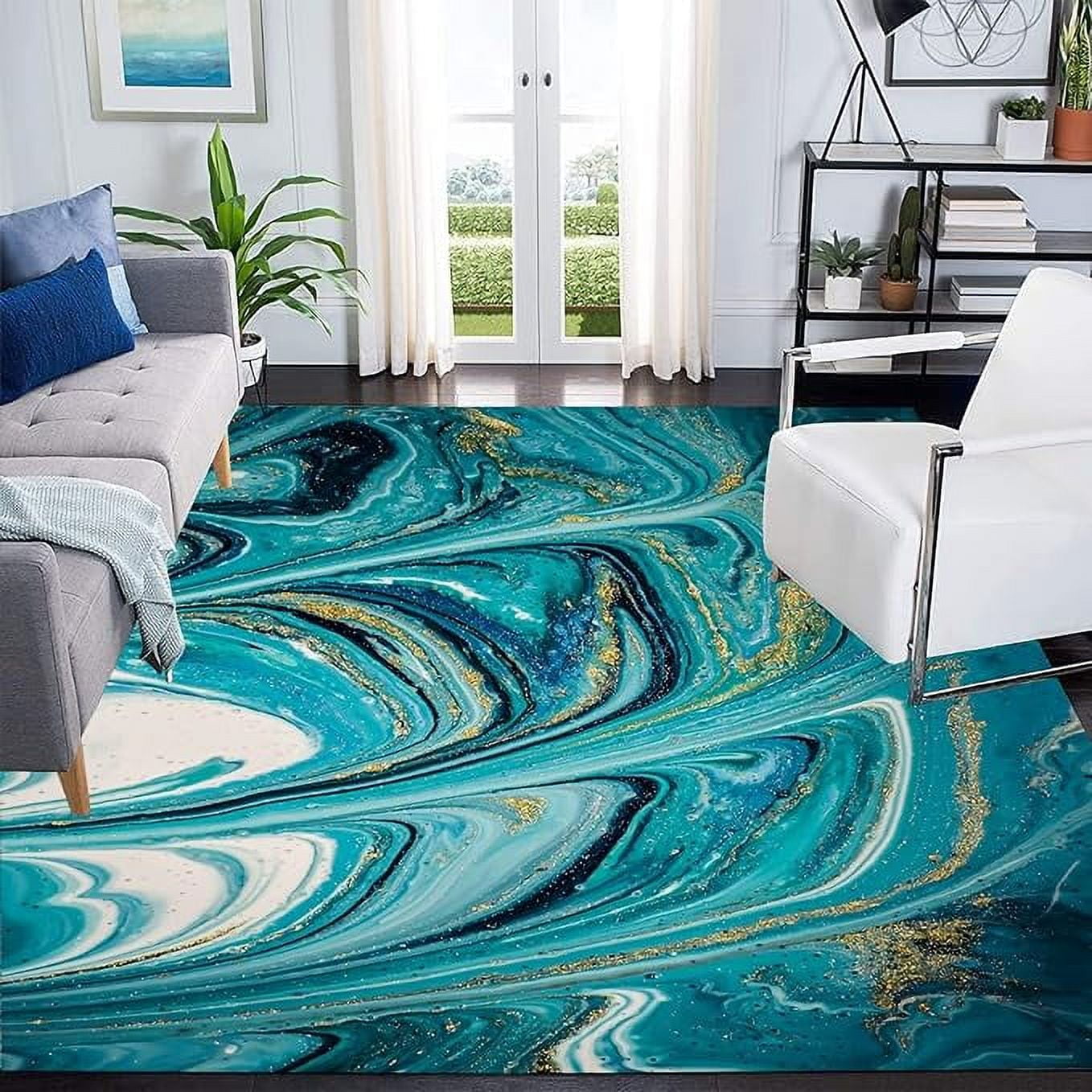4 x 6ft Turquoise Gold Ocean Waves Area Rug, Aesthetic Modern Abstract ...