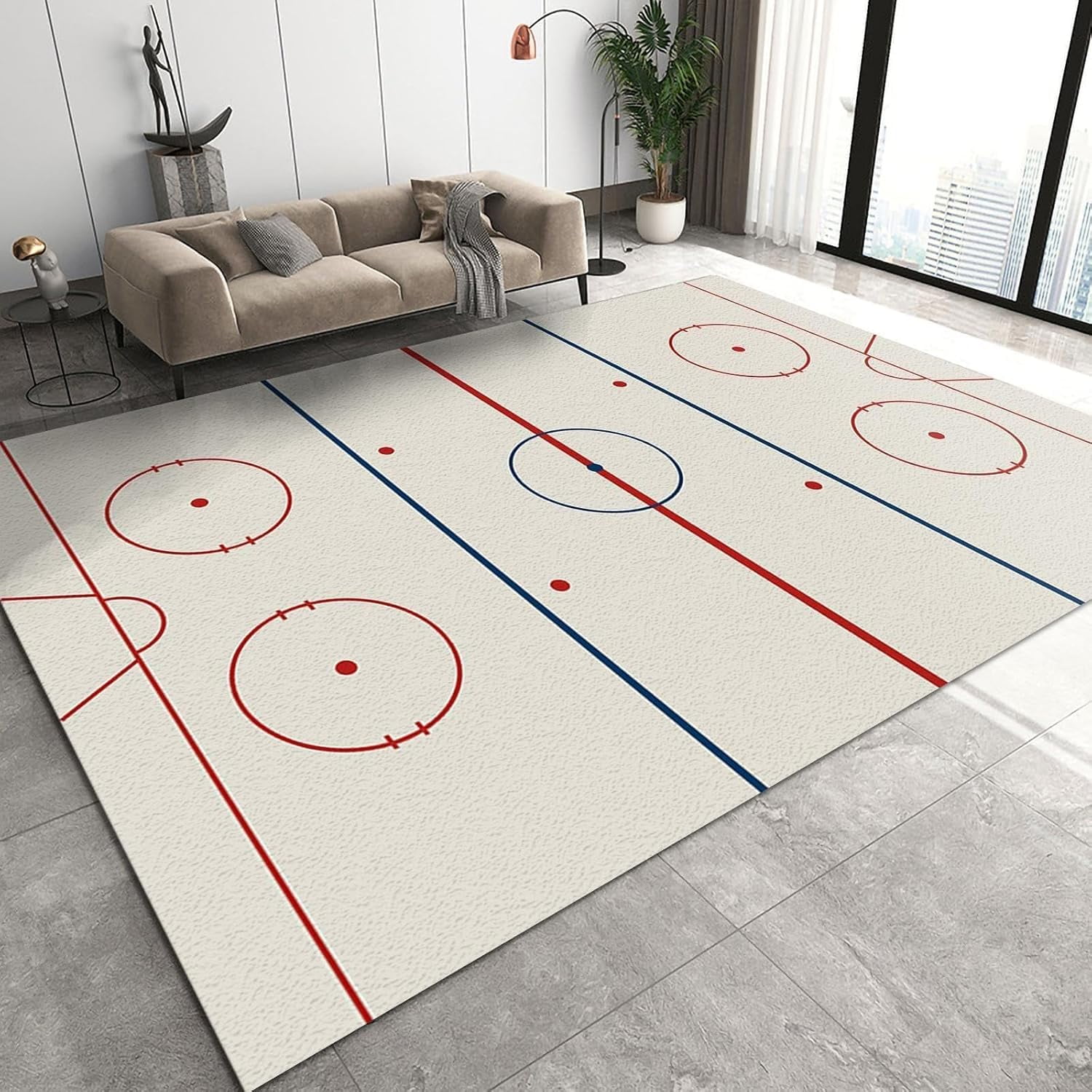 4' x 7' Blue Red Ice Hockey Rink Rug for Living Room Bedroom, Simple ...
