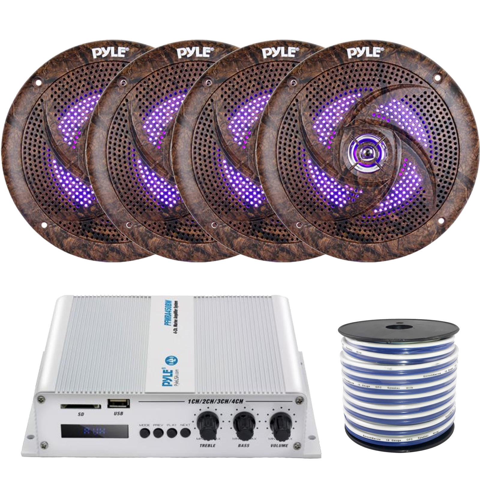 4 x Pyle 6.5" 2-Way 240 Watt Marine Stereo LED Speakers, Pyle 4-Channel ...