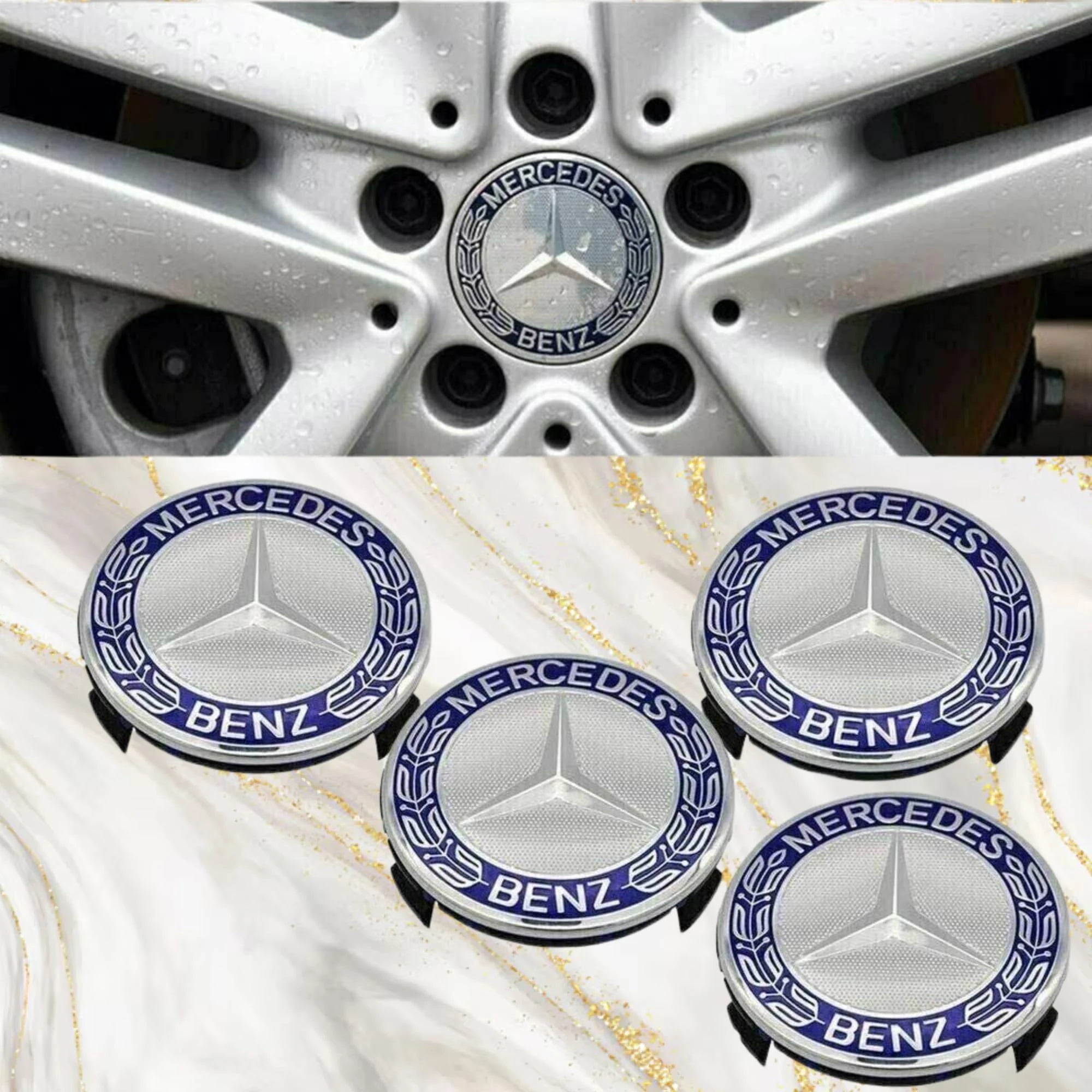 4 x Wheel Center Hub Caps AMG Wreath Blue Fit for Mercedes-Benz A B C E ...