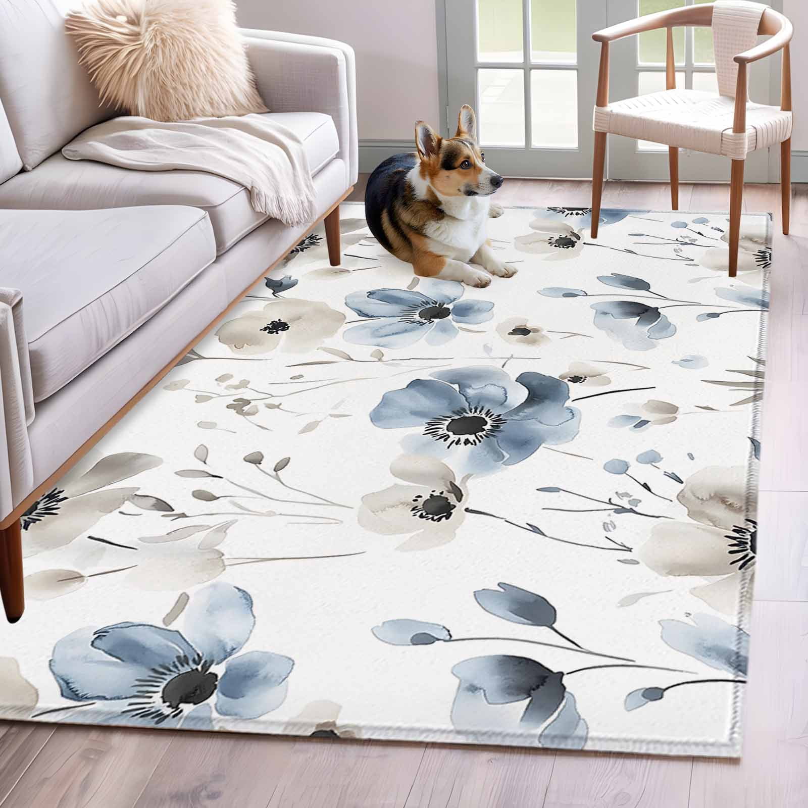 4'x6' Area Rugs, Blue Grey Spring Floral Indoor Outdoor Area Rug for ...