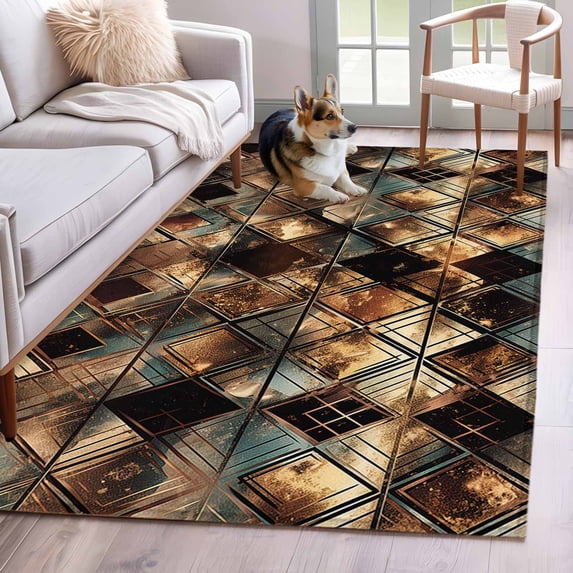 4'x6' Area Rugs, Brown Teal Geometric Indoor Outdoor Area Rug for ...