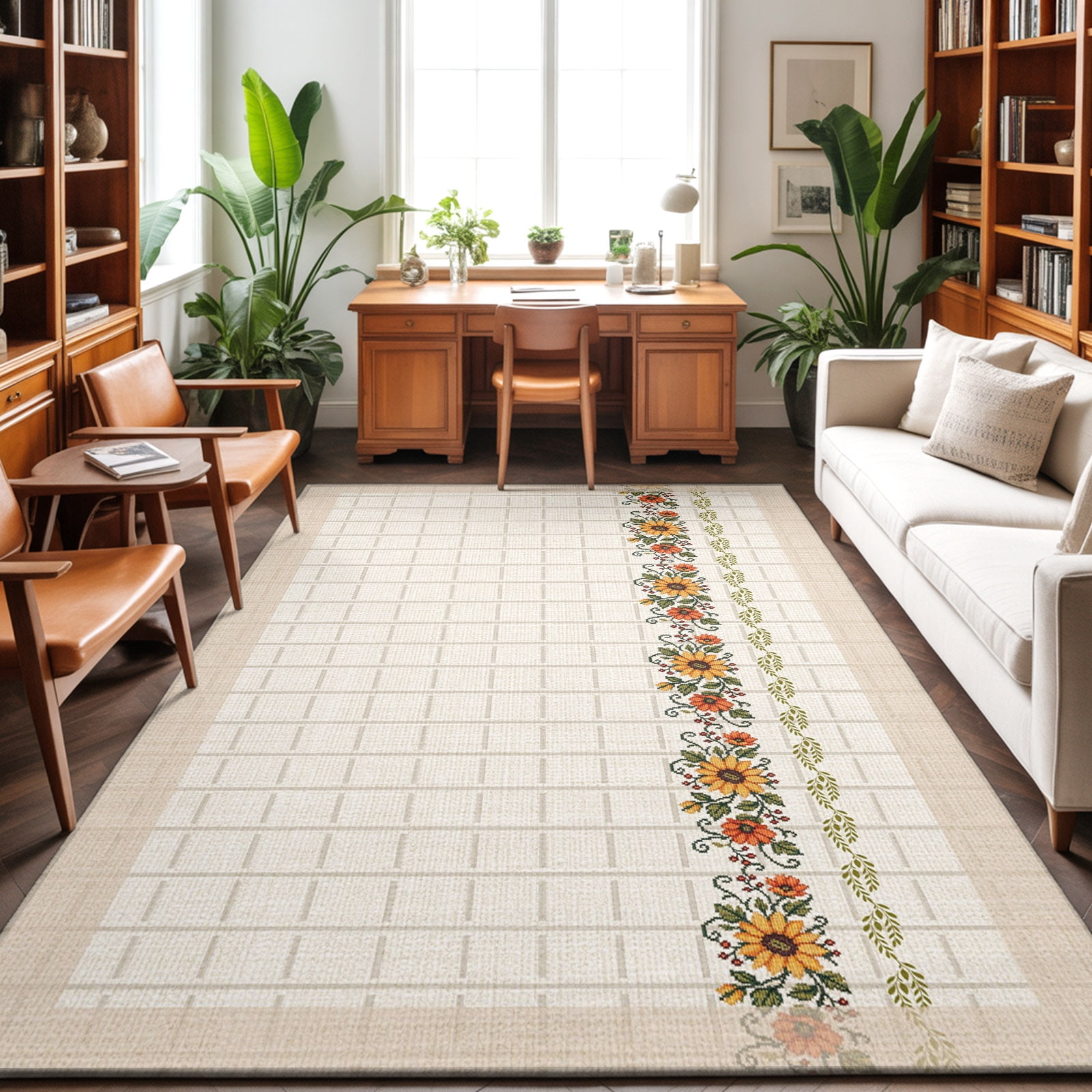 4'x6' Area Rugs, Spring Floral Checkered Indoor Outdoor Area Rug for ...