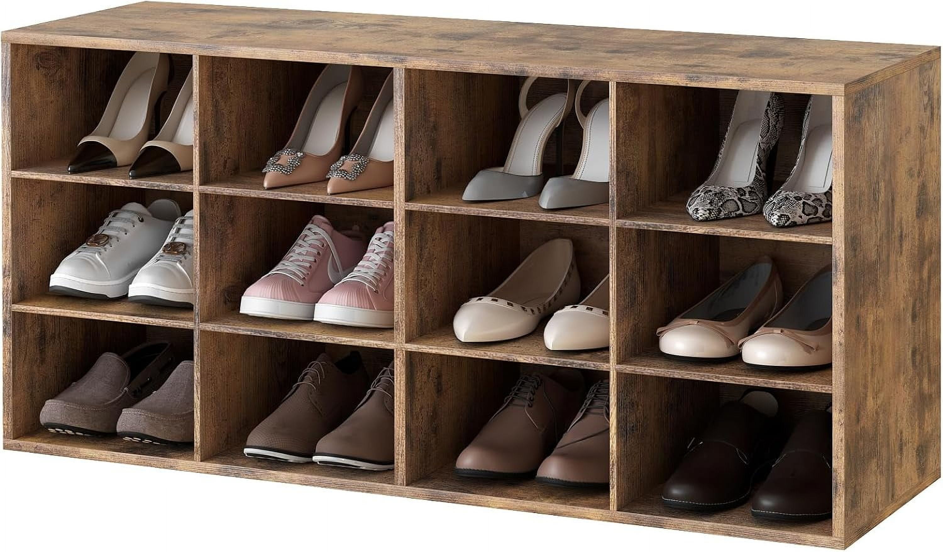 4 you Shoe Storage Bench, Cubby Shoe Rack with 12 Cubbies, 3-Tier Wood ...