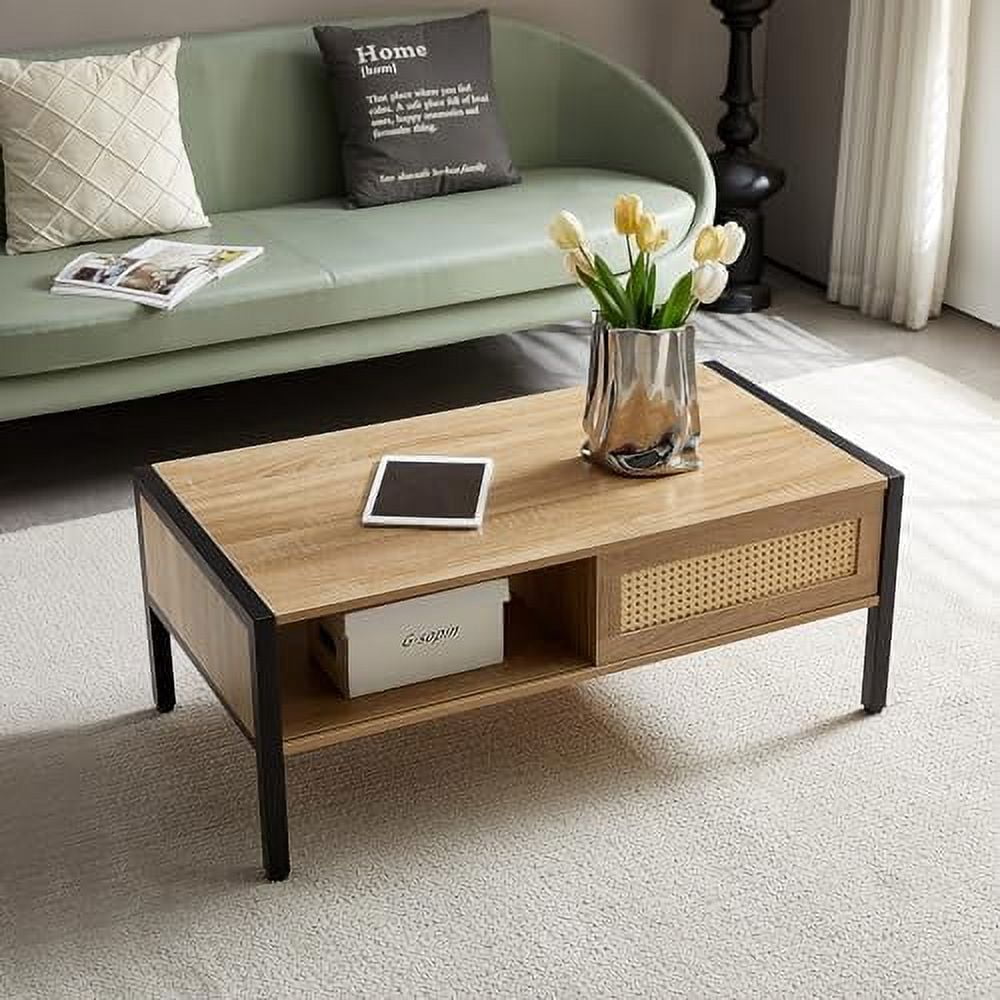 40.16" Rattan Coffee Table with Storage: Modern MDF Wood & Metal Frame ...