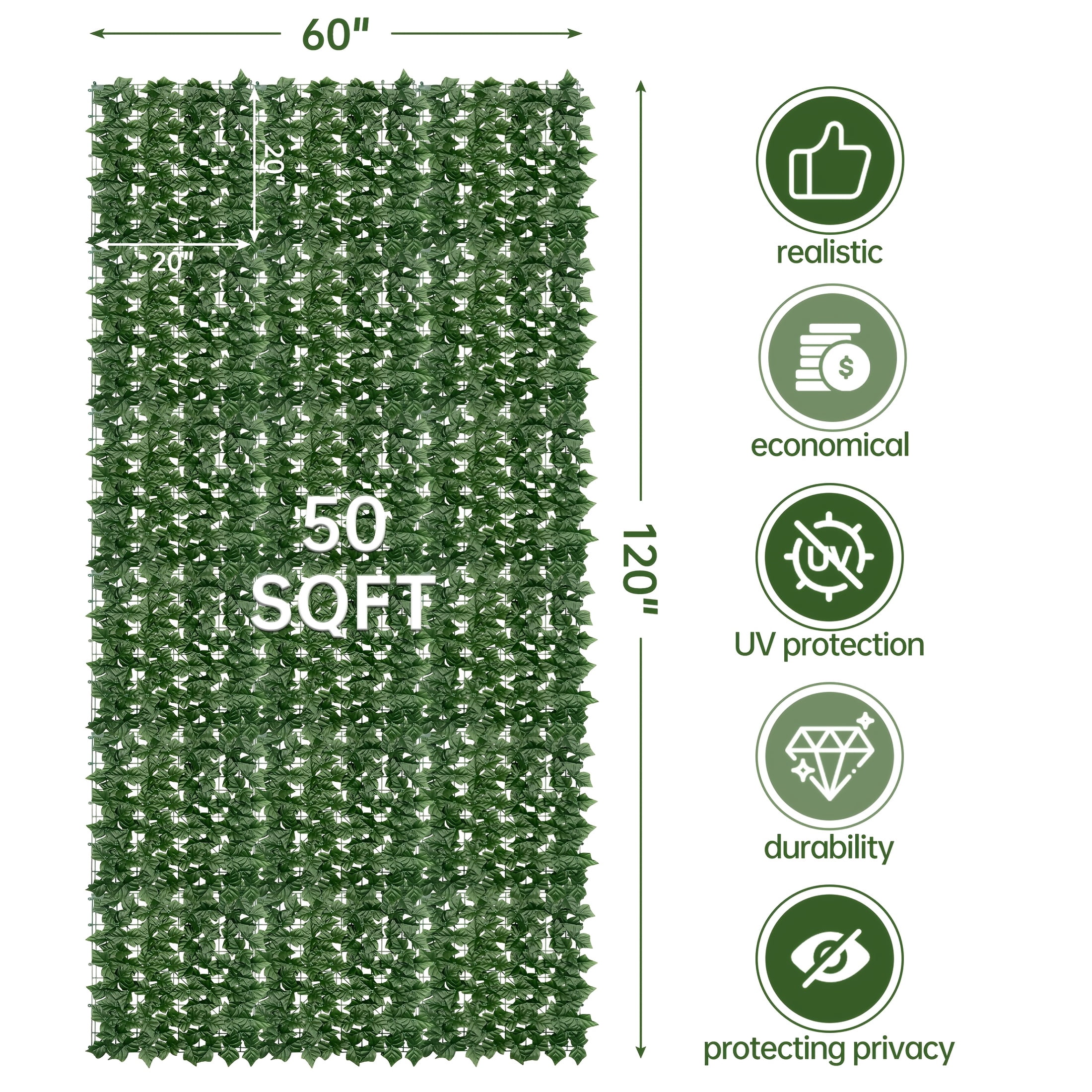 40×160 Inch UV Resistant Artificial Ivy Leaf Fence Screen Fake Green ...