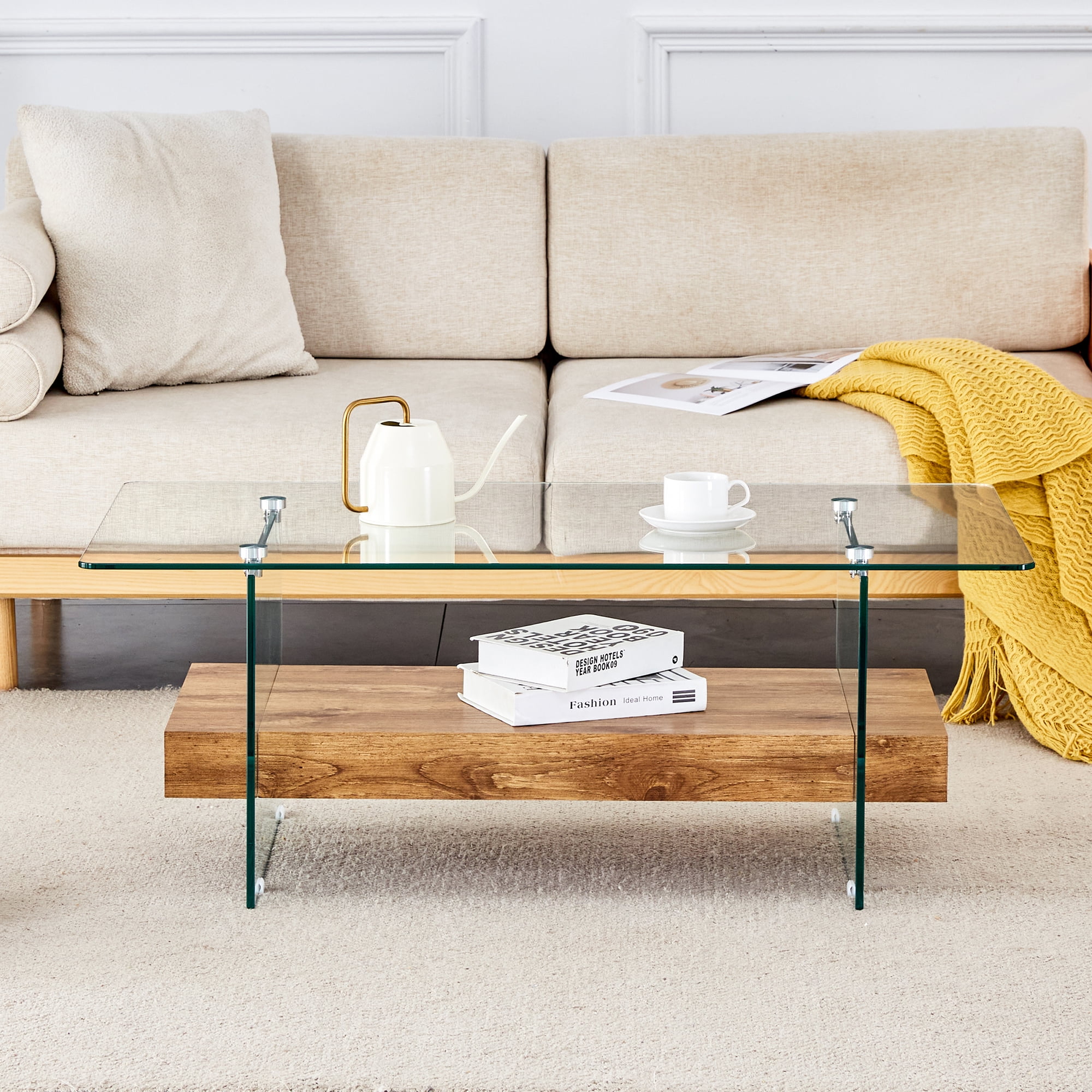 40.3-inch sturdy double-layer coffee table - tempered glass tabletop ...