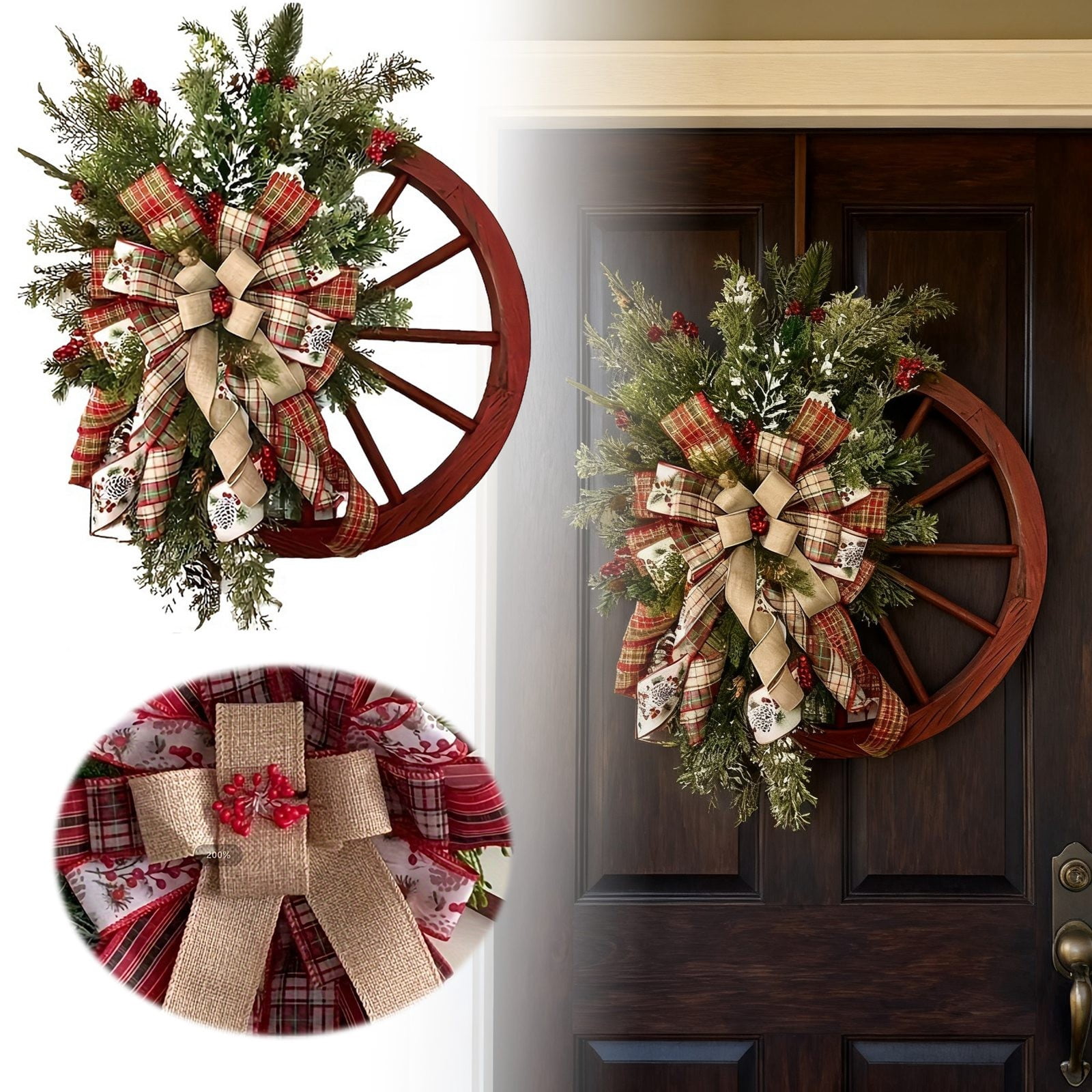 40*40CM Christmas Wagon Wheel Wreath with Plaid Ribbon Bows Pine Cones ...