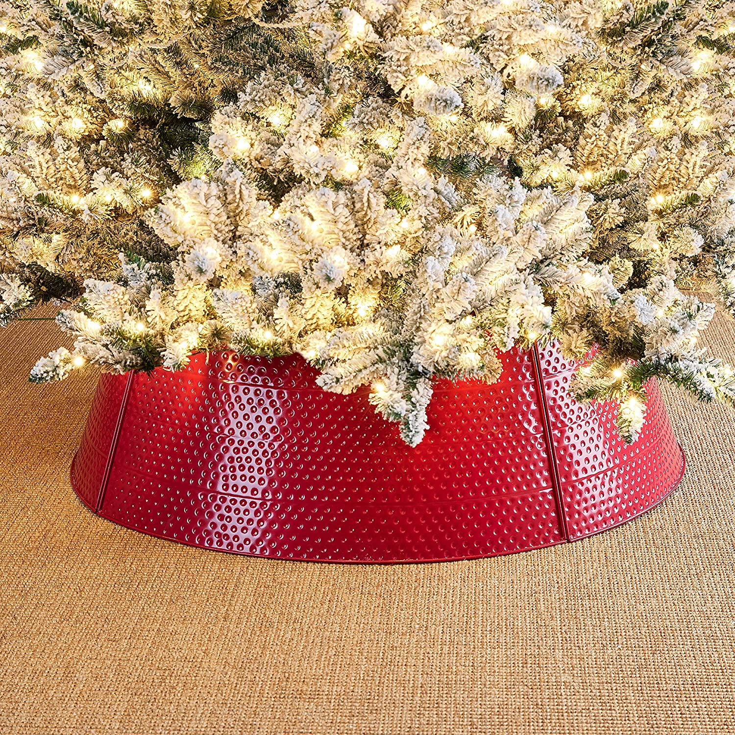40.5" D Christmas Red Hammered Metal Tree Collar, Decorative Tree Stand ...