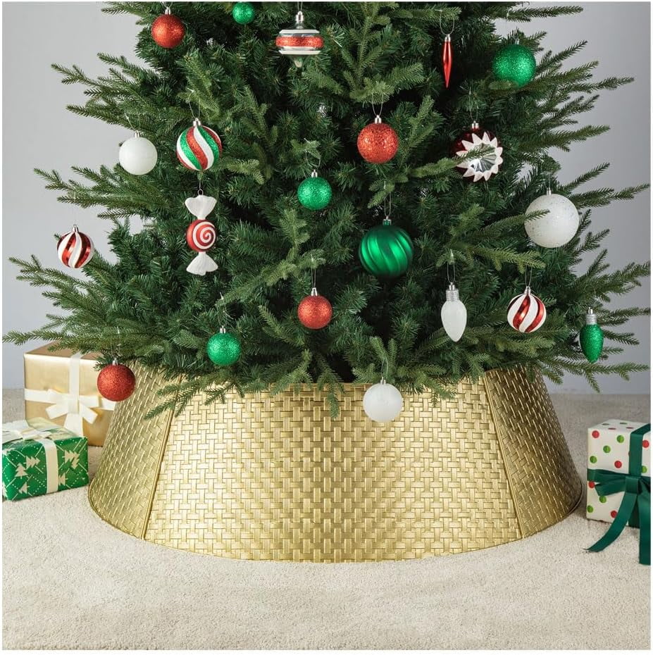 40.5" D Gold Metal Weave Tree Collar, Decorative Tree Stand Cover Tree ...