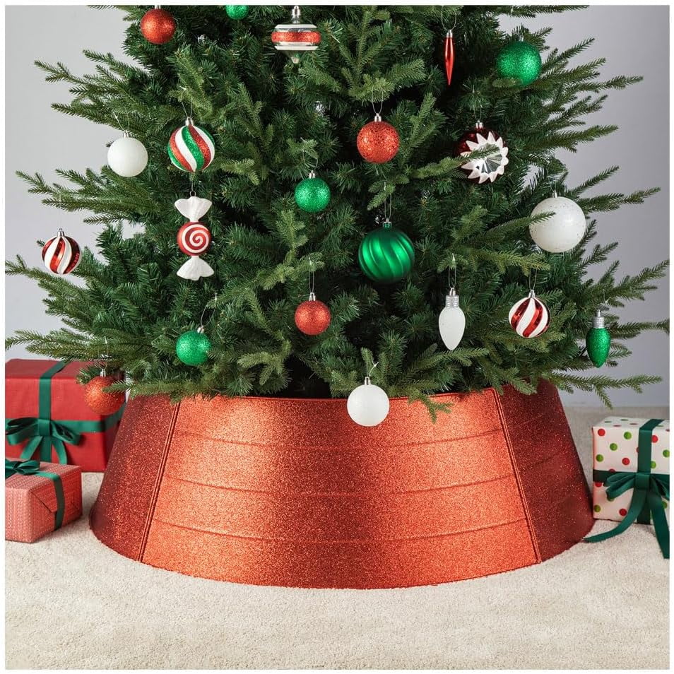 40.5" D Red Metal Glitter Tree Collar, Decorative Tree Stand Cover Tree ...