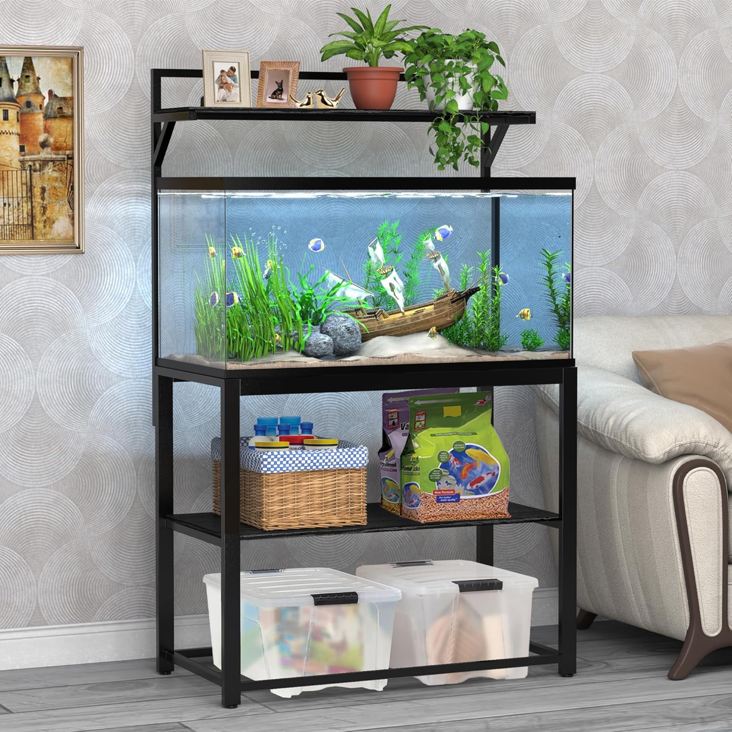 40-50 Gallon Fish Tank Stand with Plant Shelf Metal Aquarium Stand with ...