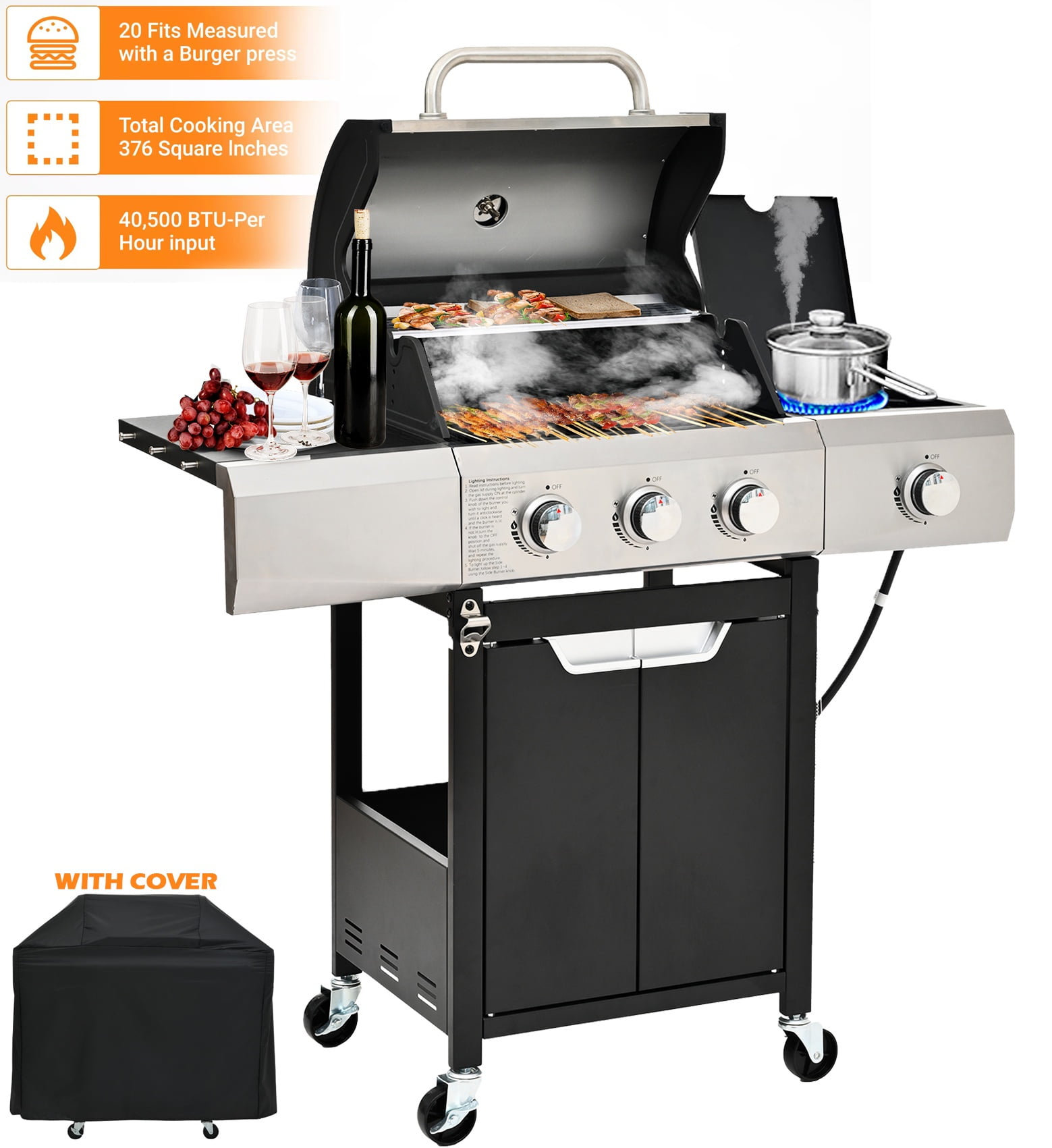 40,500BTU Powerful Grill with Cover, Propane Gas Grill Stainless Steel ...