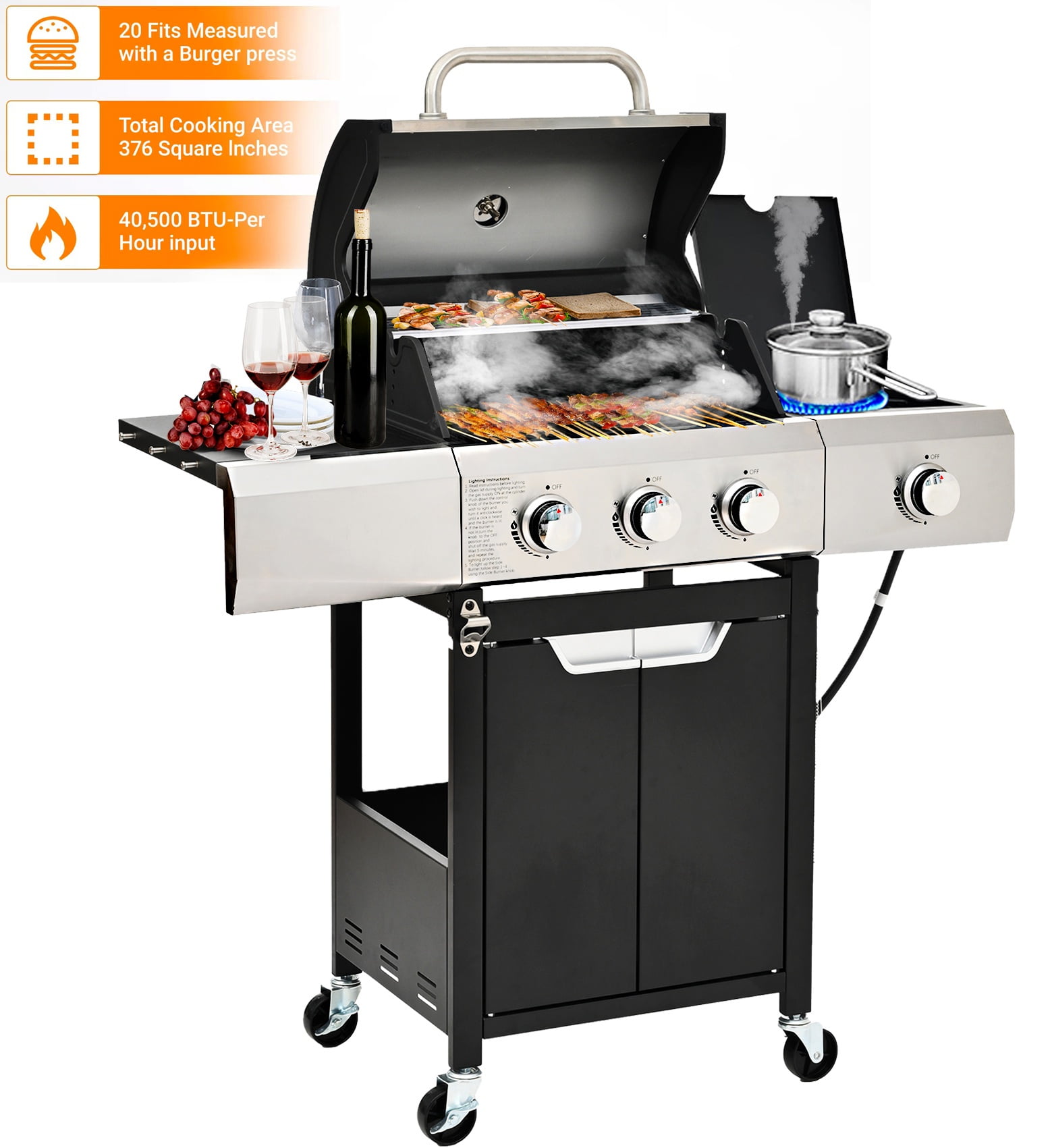Seizeen 40,500 BTU Propane Grill, Stainless Steel 3 Burner BBQ with ...