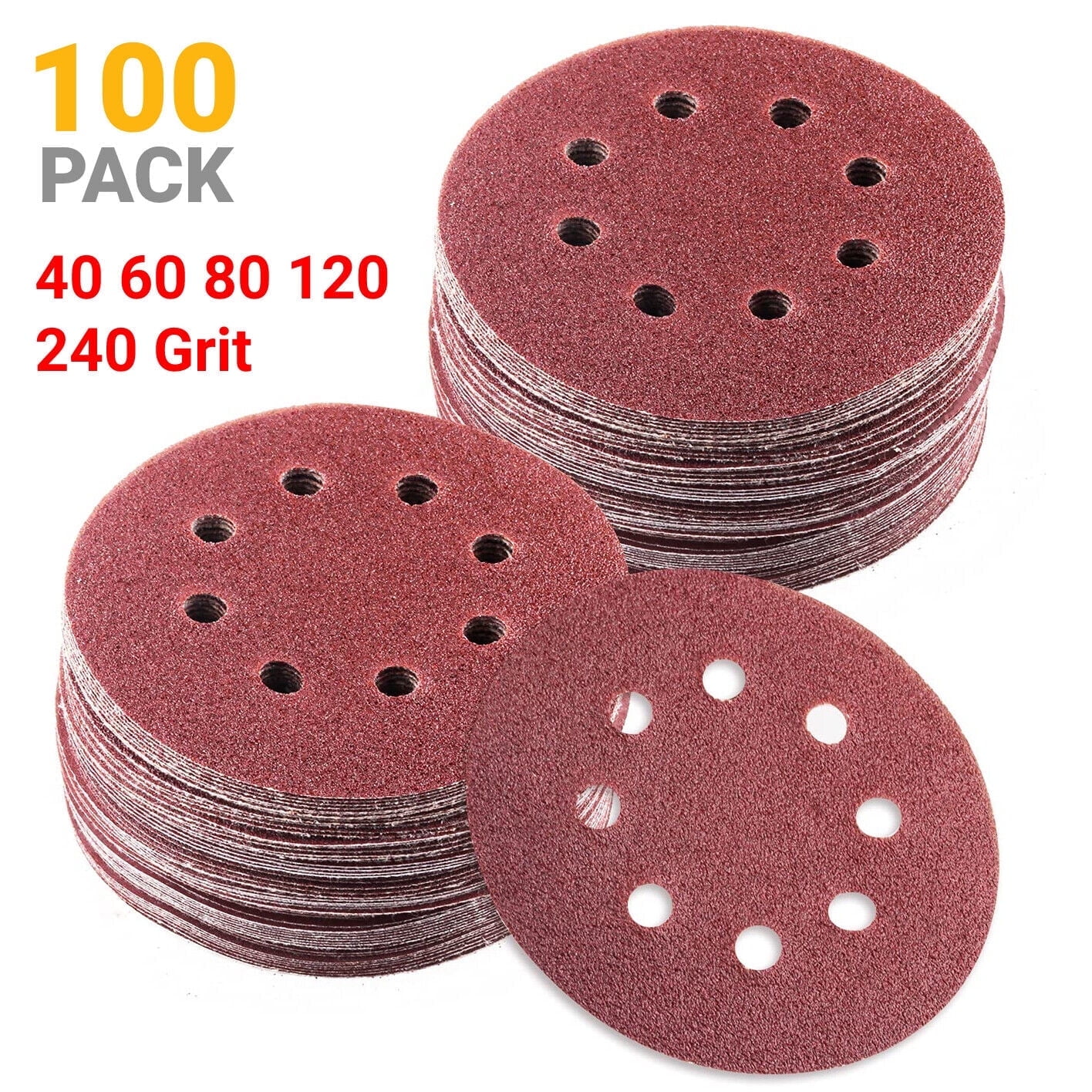 40 60 80 120 240 Grit Sanding Discs 100PCS 5 inch 8-Hole Hook Loop ...